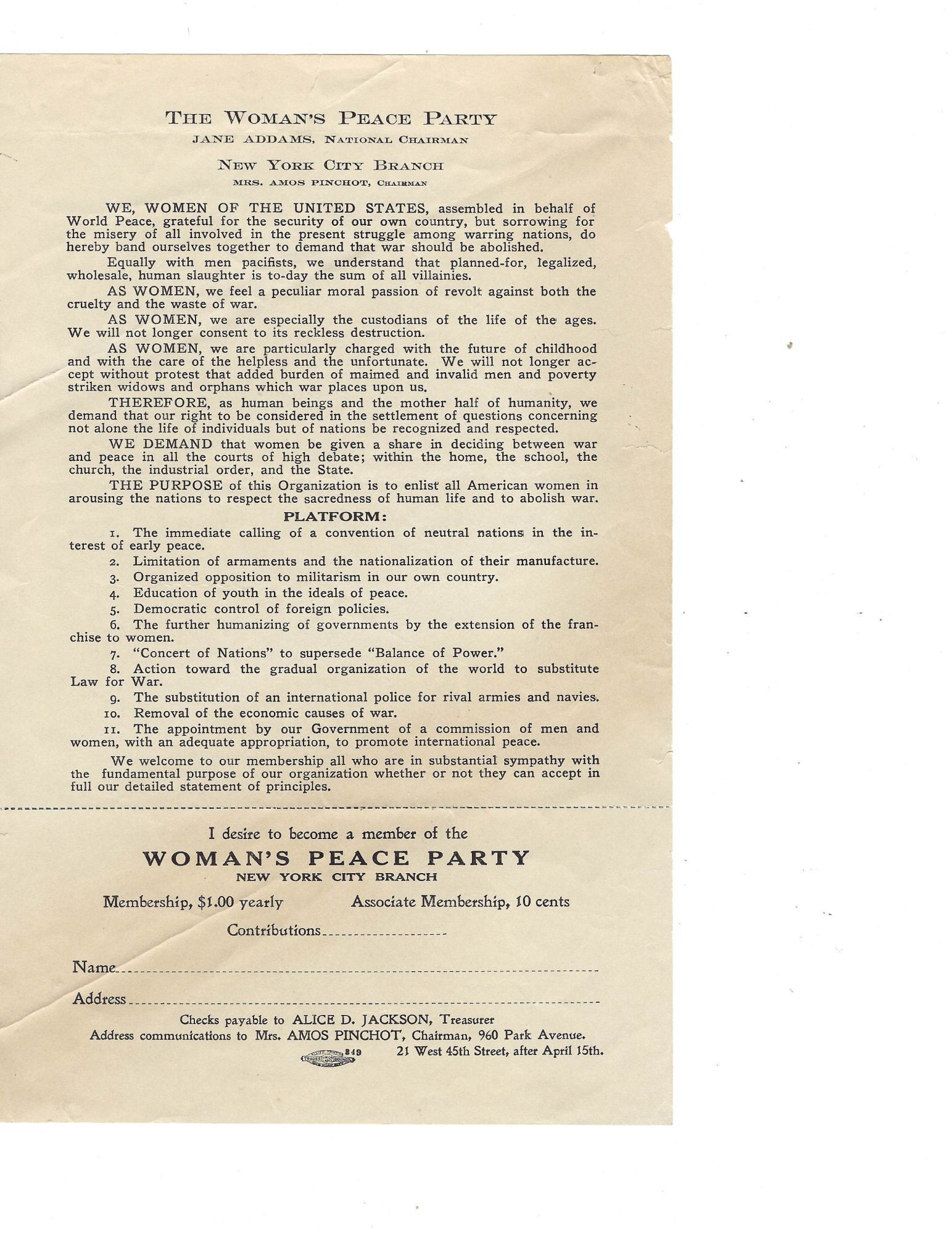 Jane Addams and The Woman s Peace Party "demand that war should be ...