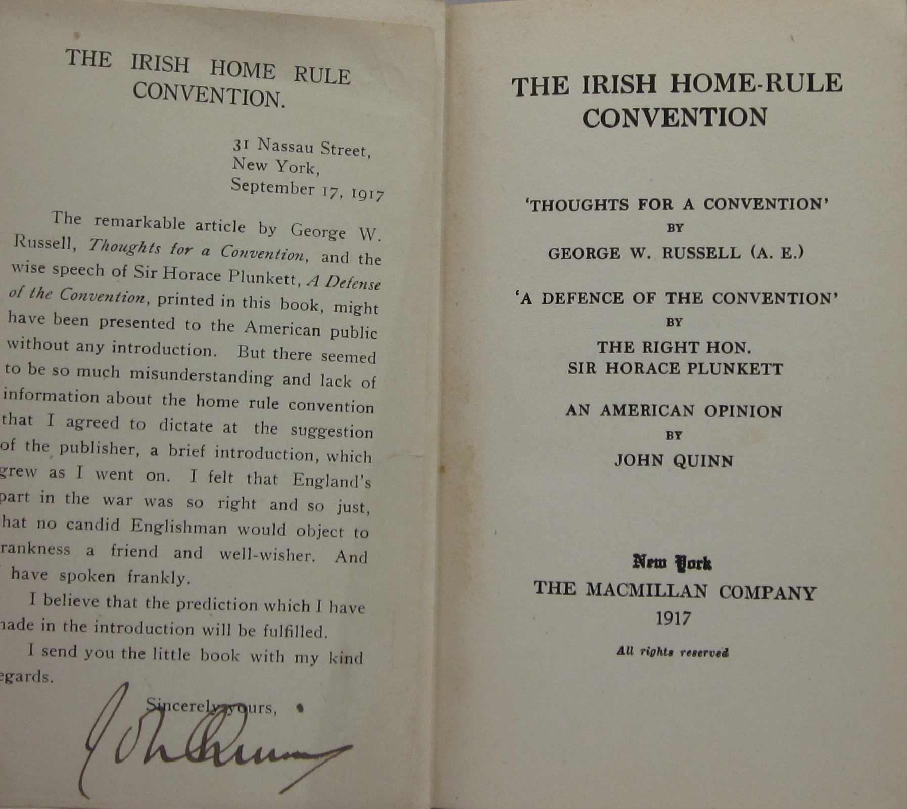 The Irish Home Rule Convention by John Quinn; Horace Plunkett; George W ...