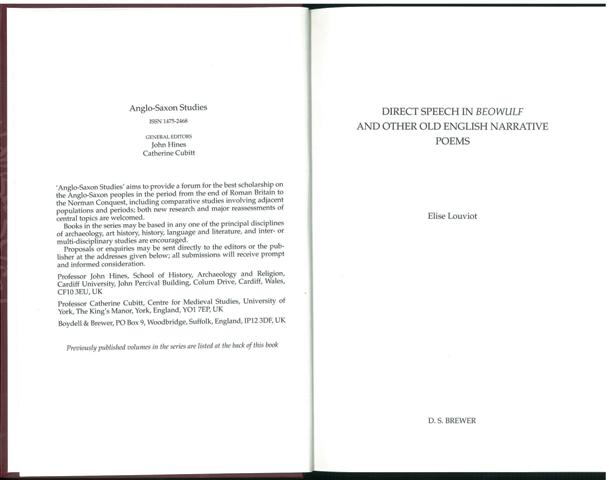 Direct Speech in Beowulf and other Old English Narrative Poems. [Anglo ...