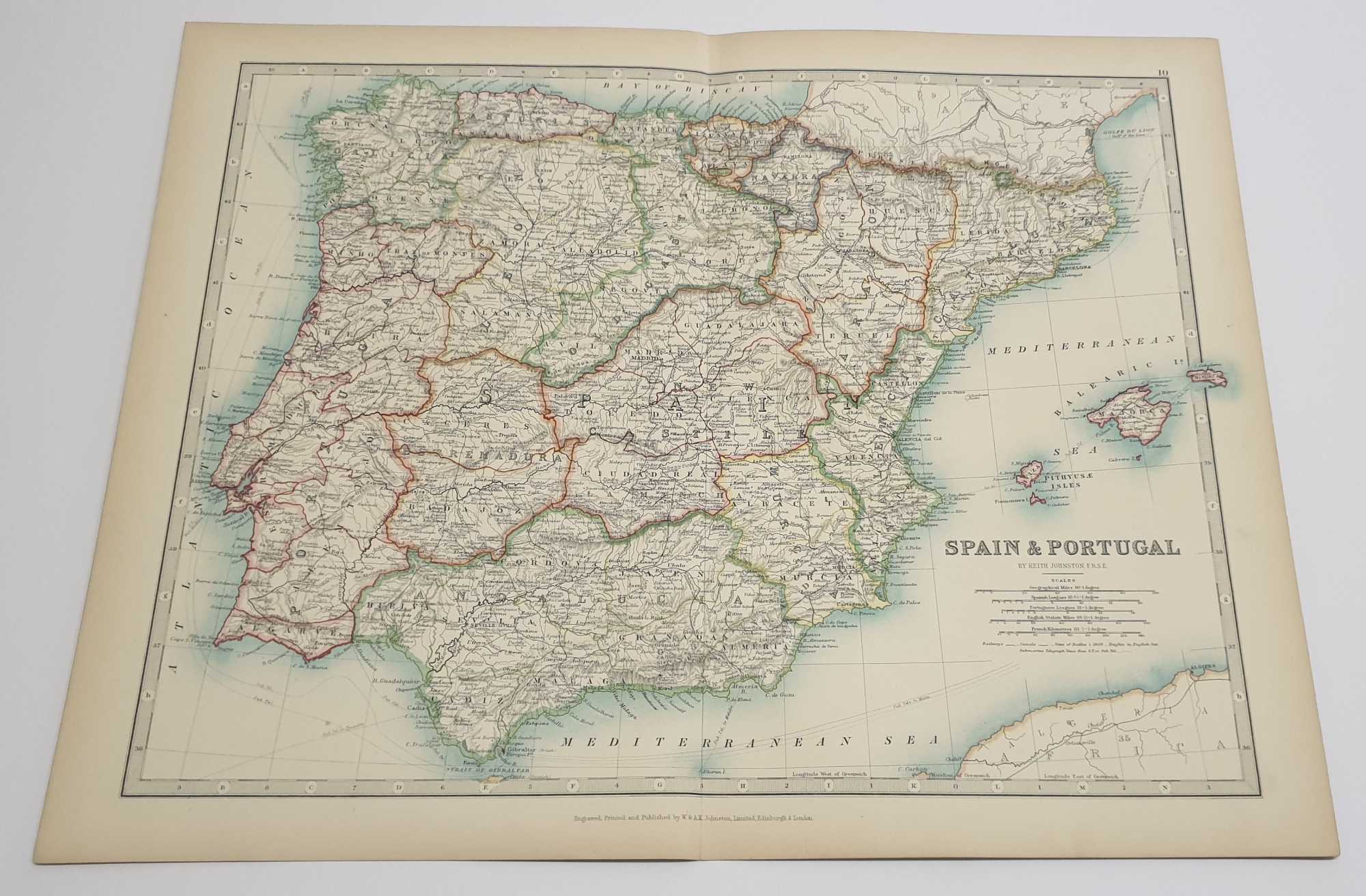 Spain & Portugal, 1904 Atlas Map Colour Engraving de Johnston: Very ...