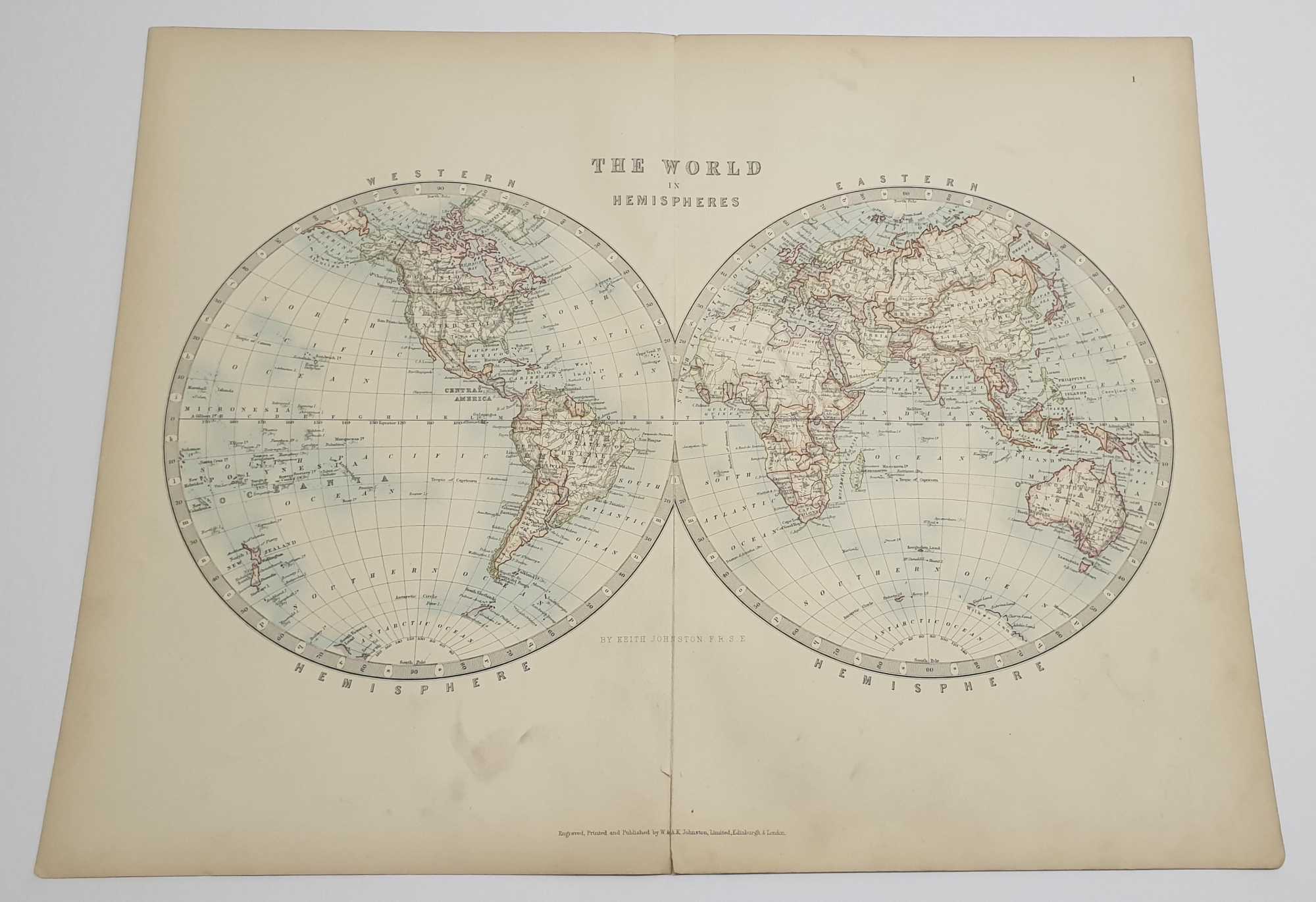World Map (Hemispheres), 1904 Atlas Colour Engraving de Johnston: Very ...