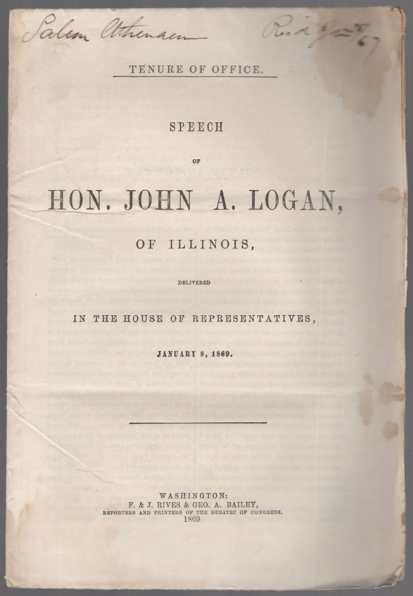 Tenure of Office. Speech of Hon. John A. Logan, of Illinois, Delivered ...