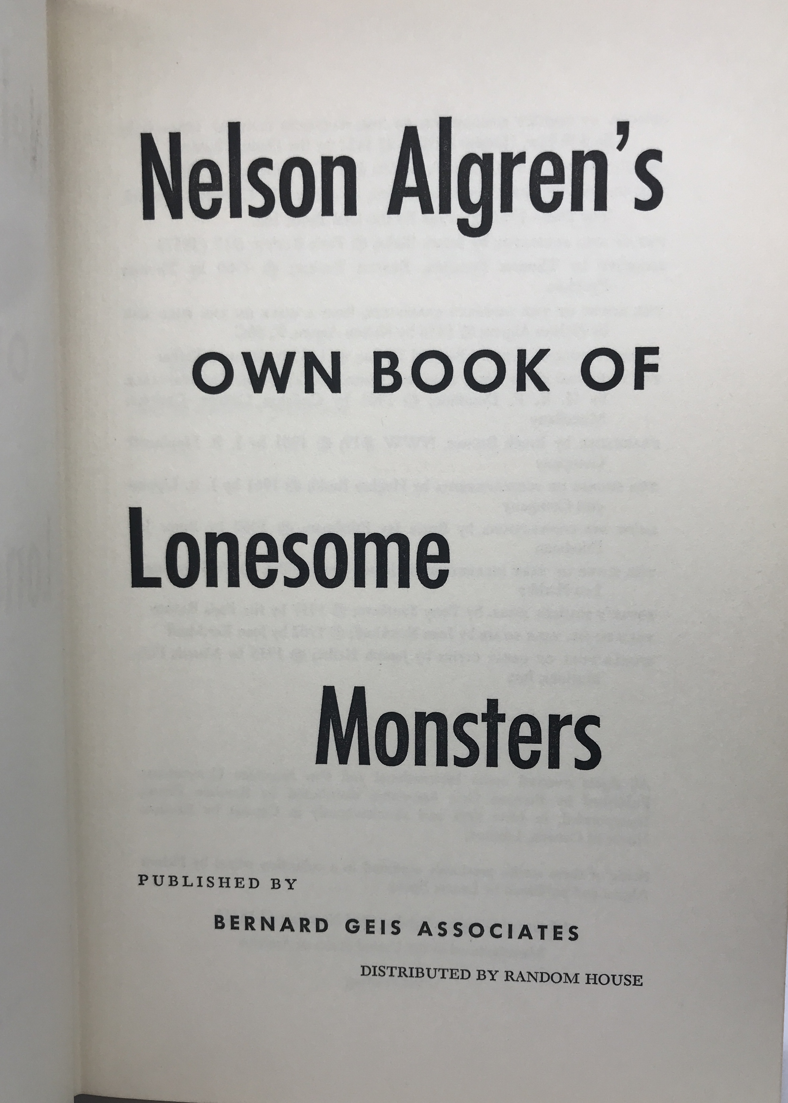 Nelson Algren's Own Book of Lonesome Monsters (First Edition) by Nelson ...