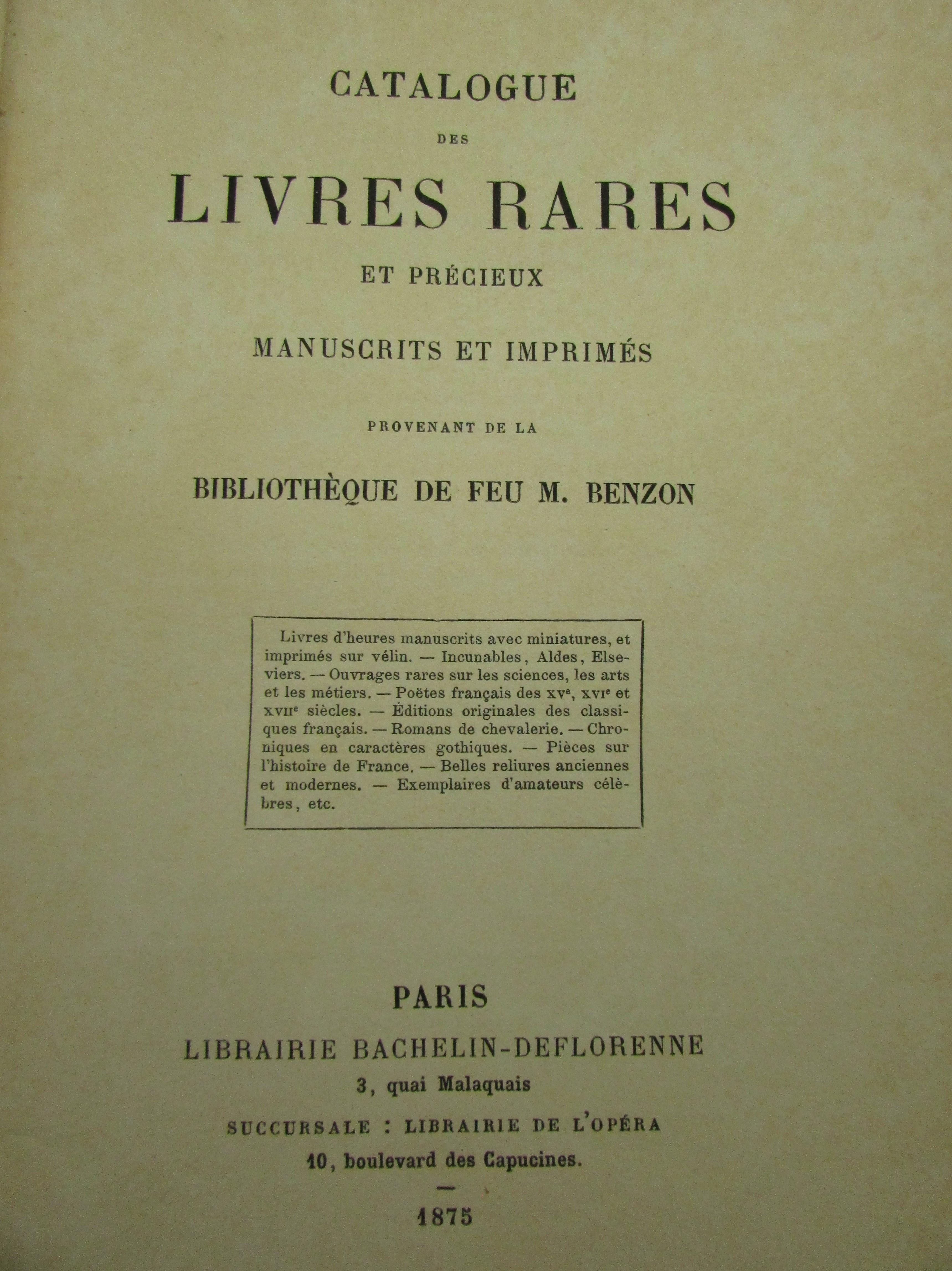 Catalogue des Livres Rares et Precieux Manuscrits et Imprimes provenant ...