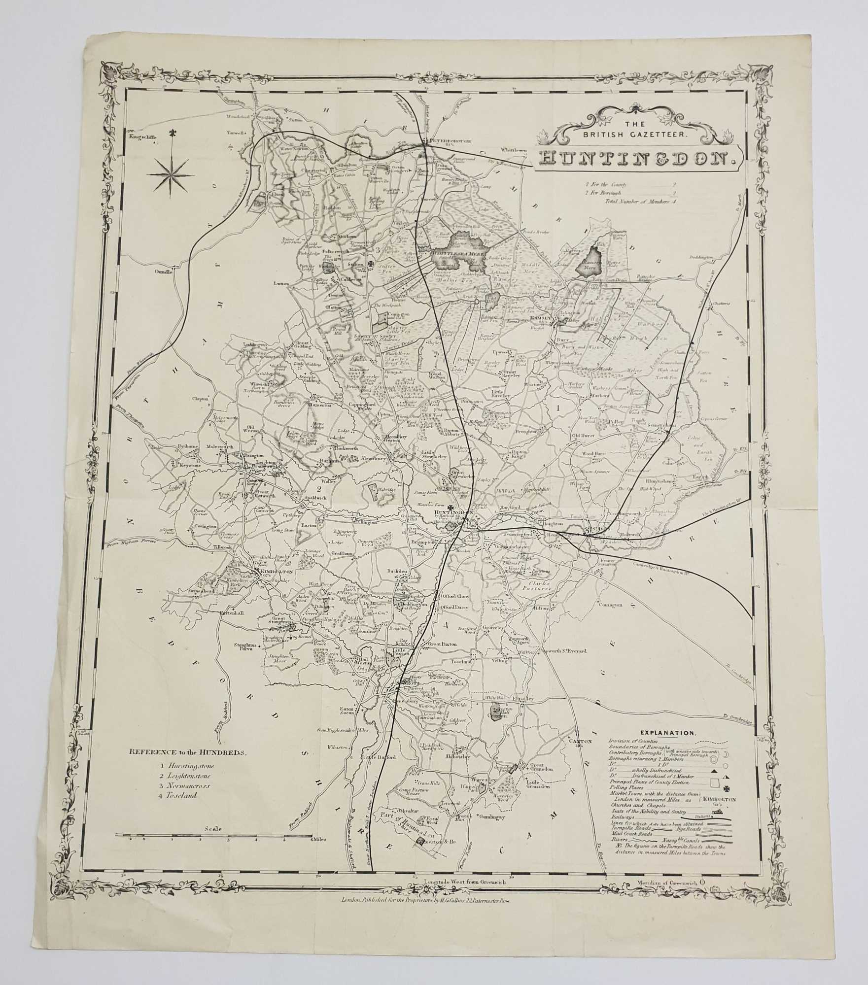 Huntingdon County Railway Map (British Gazetteer, c.1865) by Collins, H ...