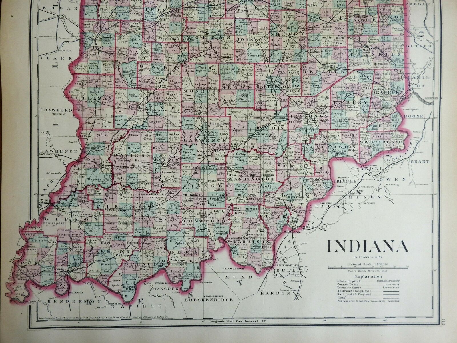 Indiana State Map Indianapolis Fort Wayne 1876-9 O.W. Gray color fine ...