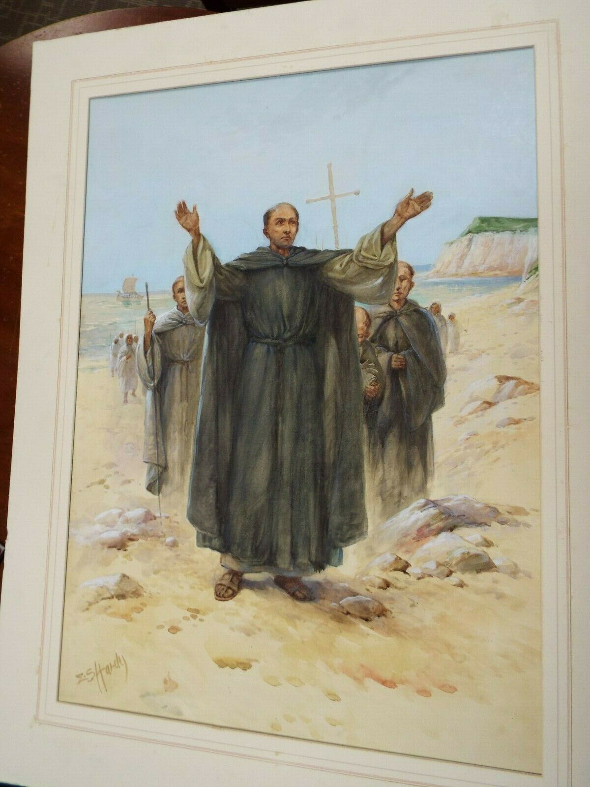 The Landing of St A by Evelyn Stuart Hardy, Lg original water color ...