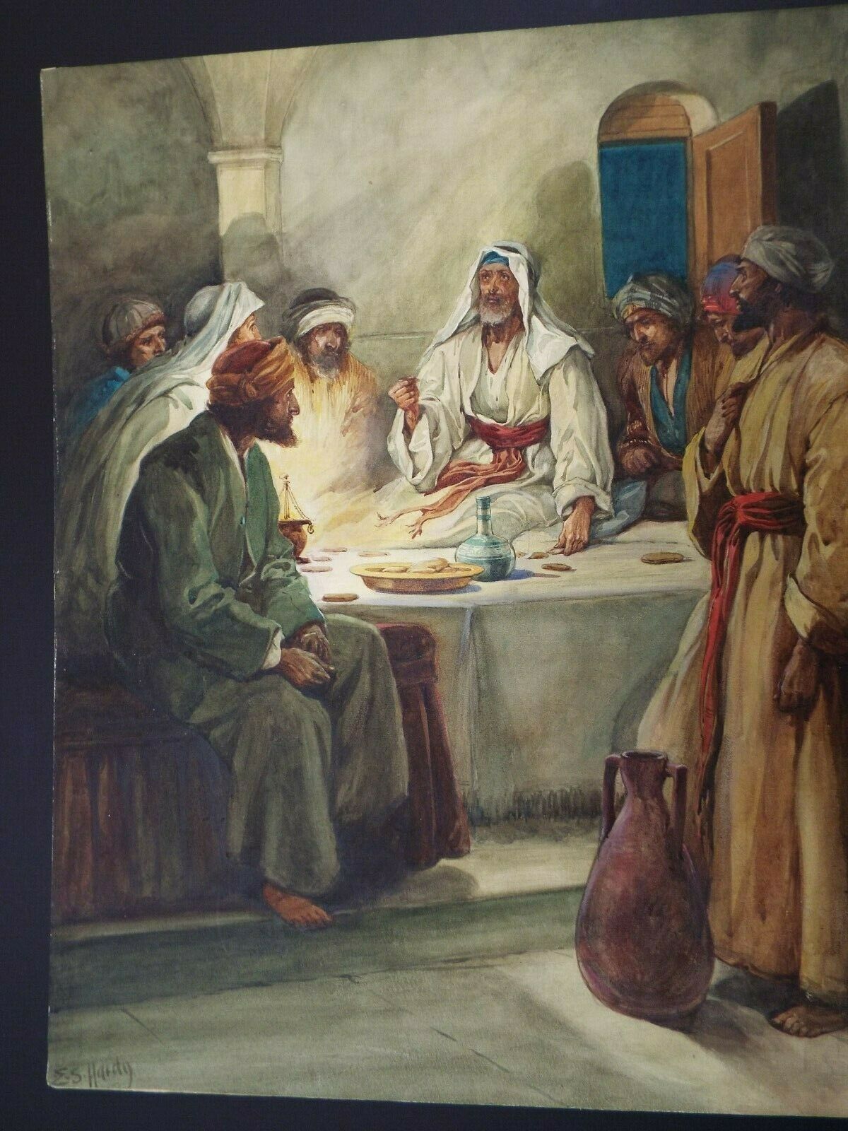 Paul at Troas in Upper Room by Evelyn Stuart Hardy, Lg original water ...