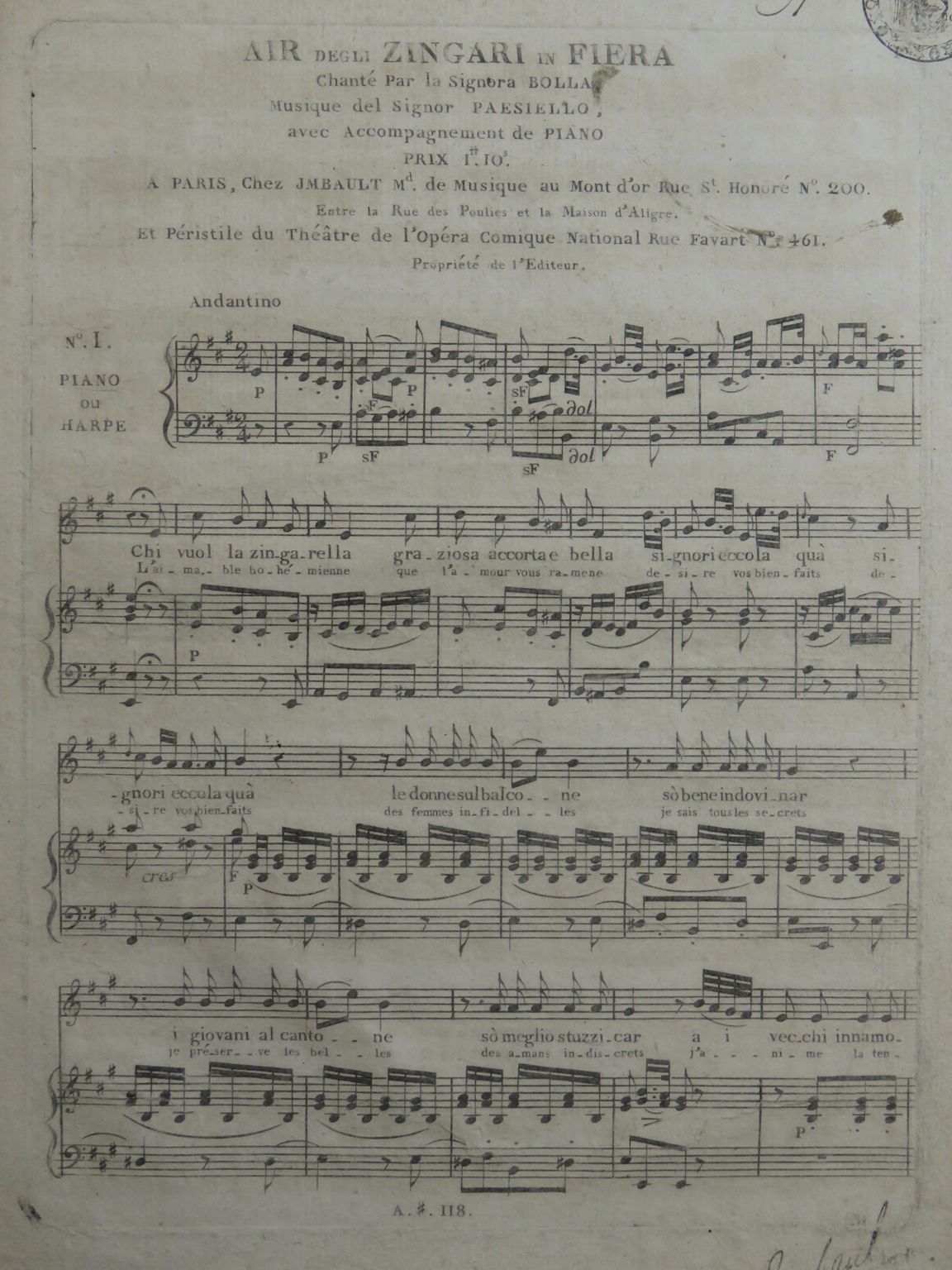 PAESIELLO G. I Zingari in Fiera No 1 Air Chant Piano ou Harpe ca1795 de ...