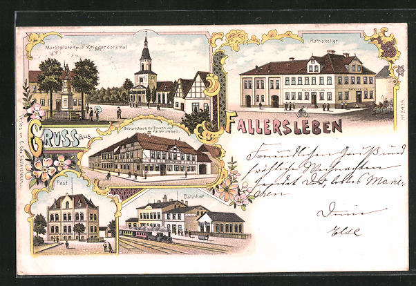 Lithographie Fallersleben, Gasthaus Rathskeller, Bahnhof, Geburtshaus ...