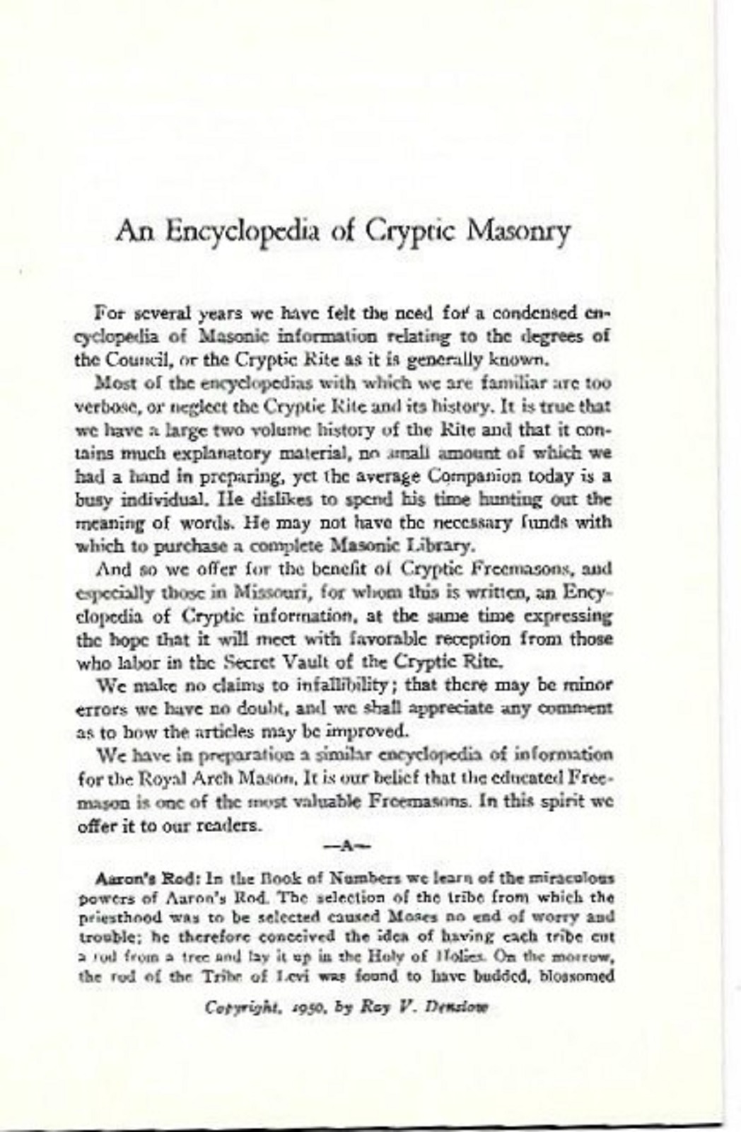 An Encyclopedia of Cryptic Masonry by Denslow, Ray V.: VG- Stapled ...