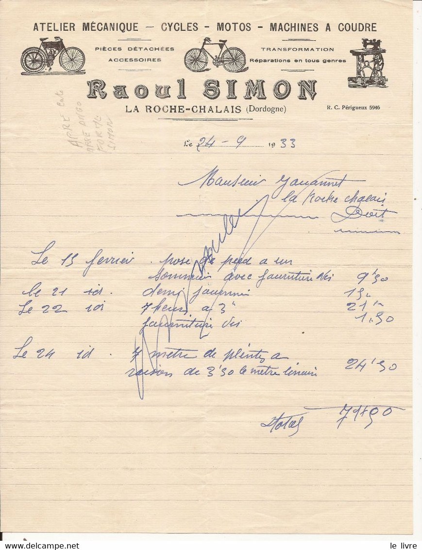 LA ROCHE CHALAIS DORDOGNE FACTURE ATELIER MECANIQUE CYCLES MOTOS ...