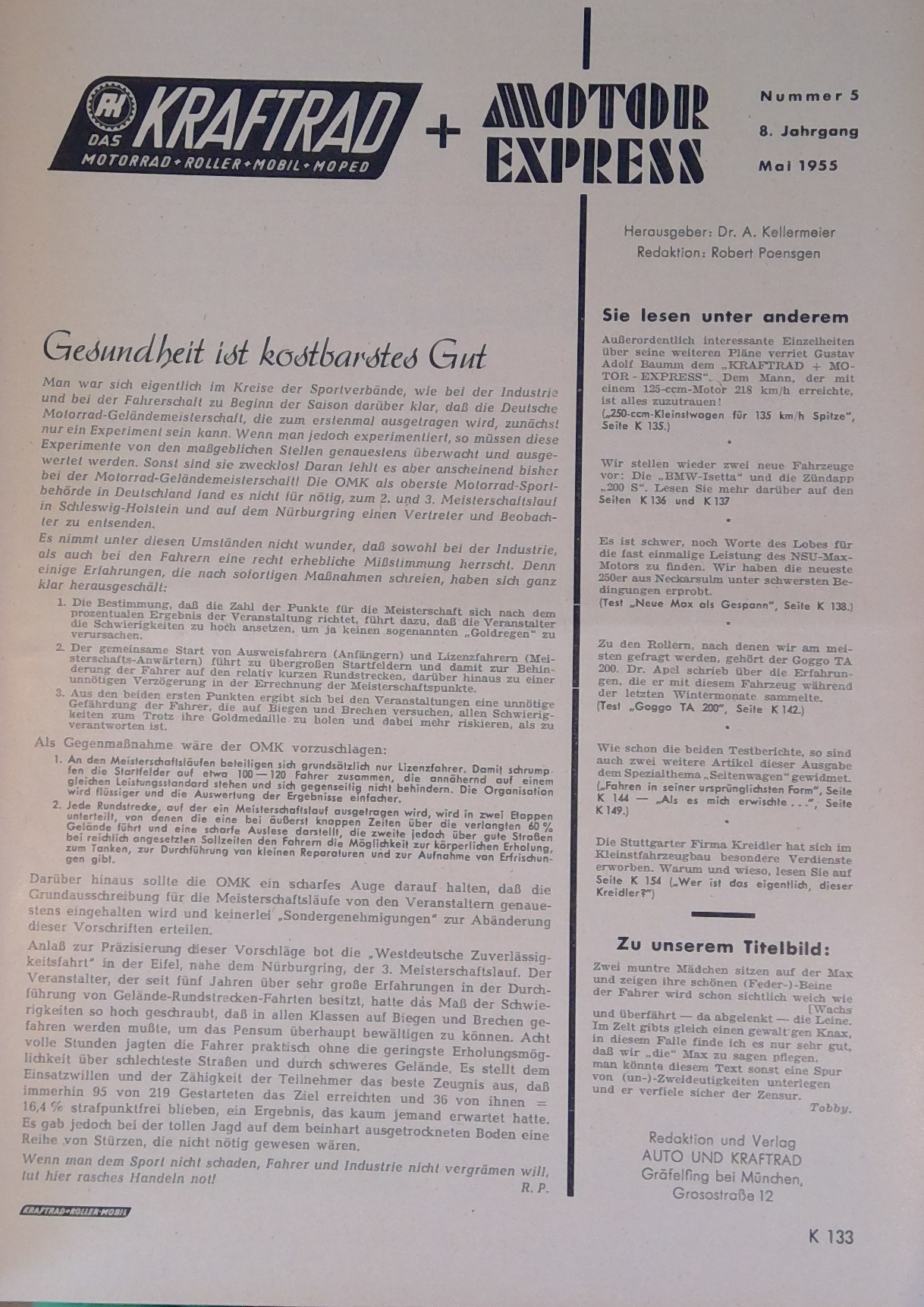 Das Kraftrad, Motorrad + Roller + Mobil + Moped - 5/1955 - Seitenwagen ...