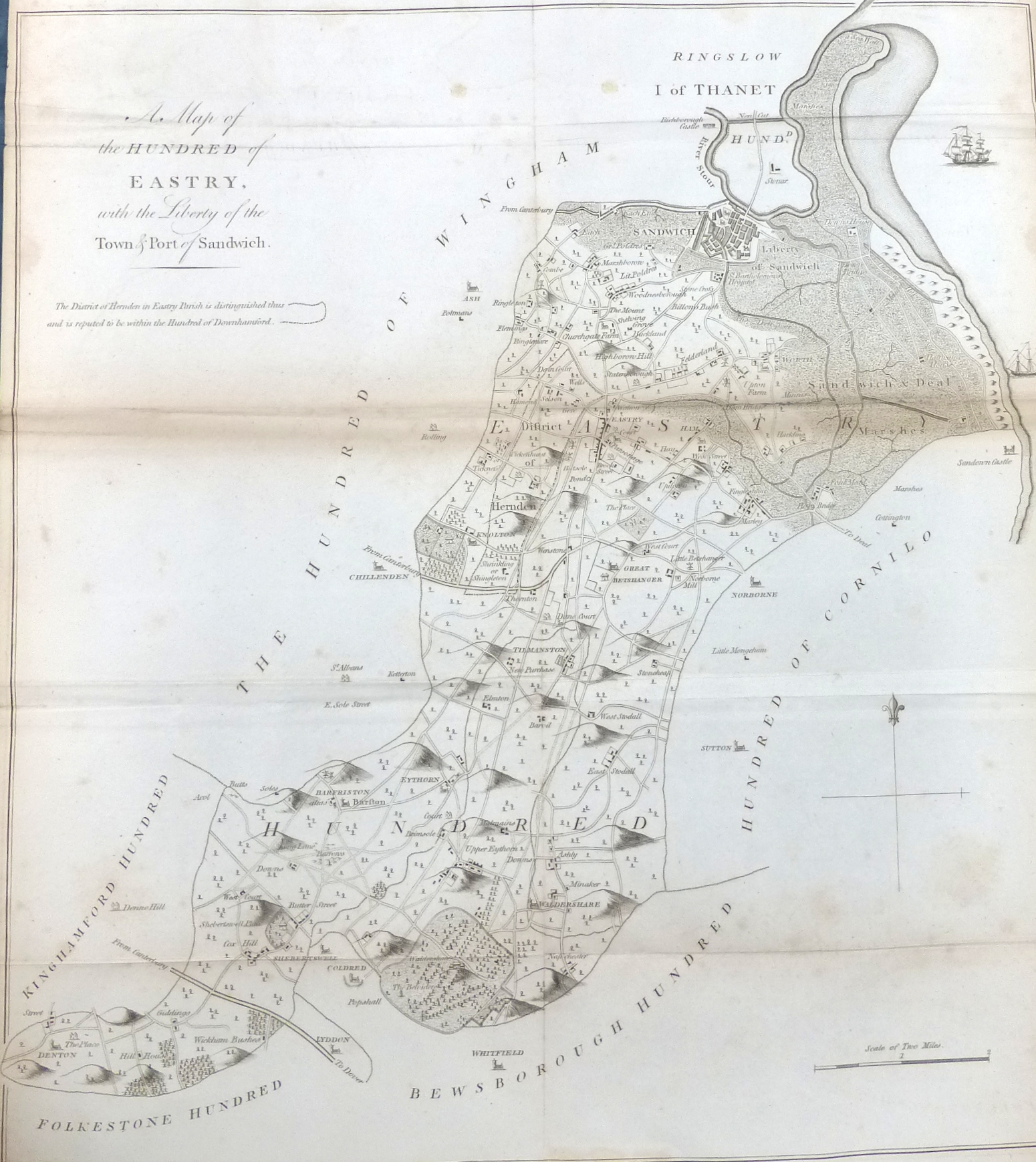 KENT, 1798 - ORIGINAL ANTIQUE MAP of SANDWICH & Hundred of EASTRY ...