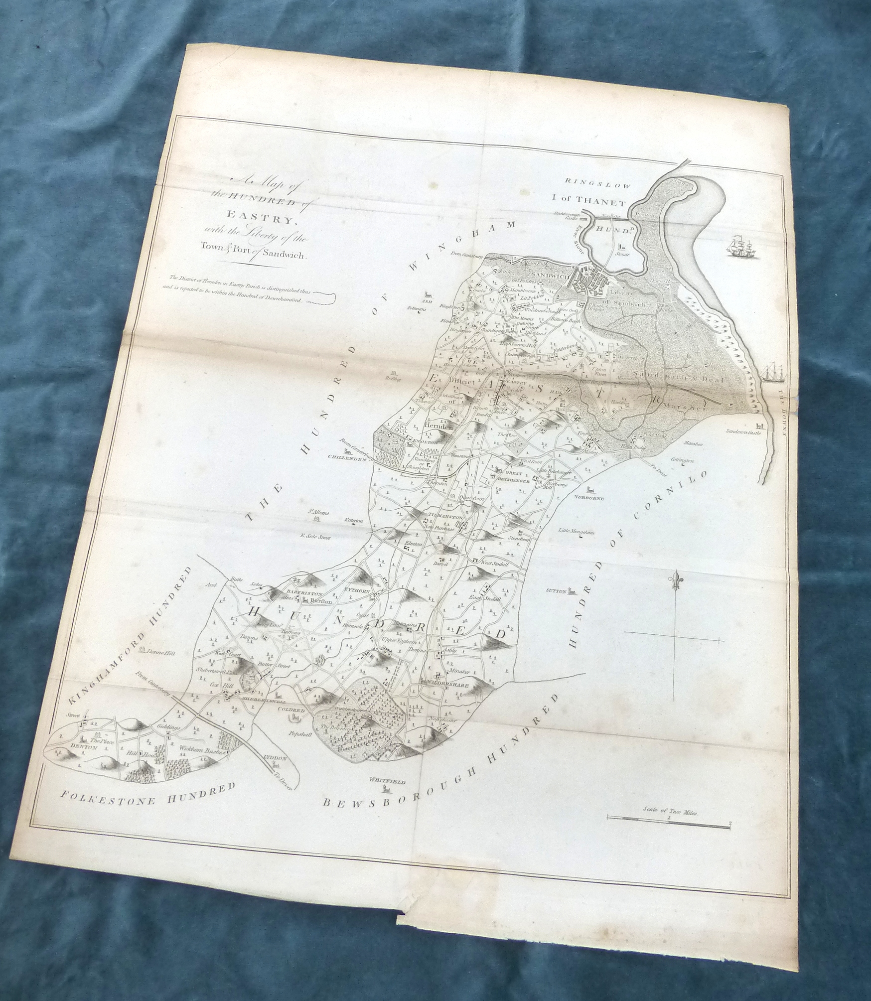KENT, 1798 - ORIGINAL ANTIQUE MAP of SANDWICH & Hundred of EASTRY ...