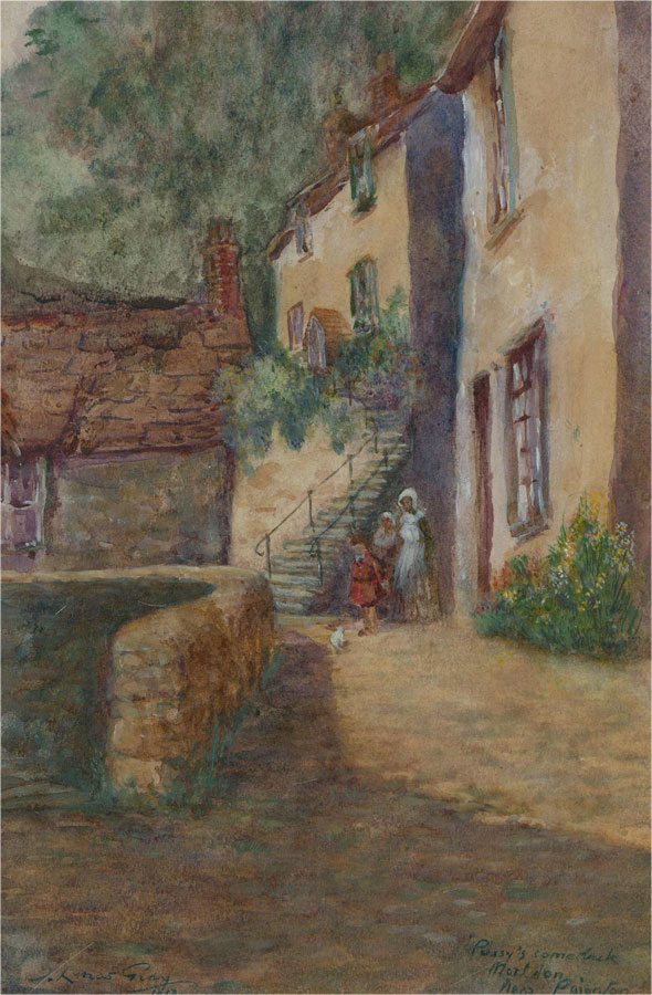 John Abernethy Lynas Gray (1869-1937) - 1913 Watercolour, Pussy's Come Back von John Abernethy ...