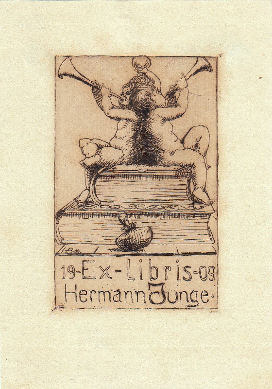 Ex-Libris Hermann Junge. Drei posaunende Putti auf Büchern. by ...