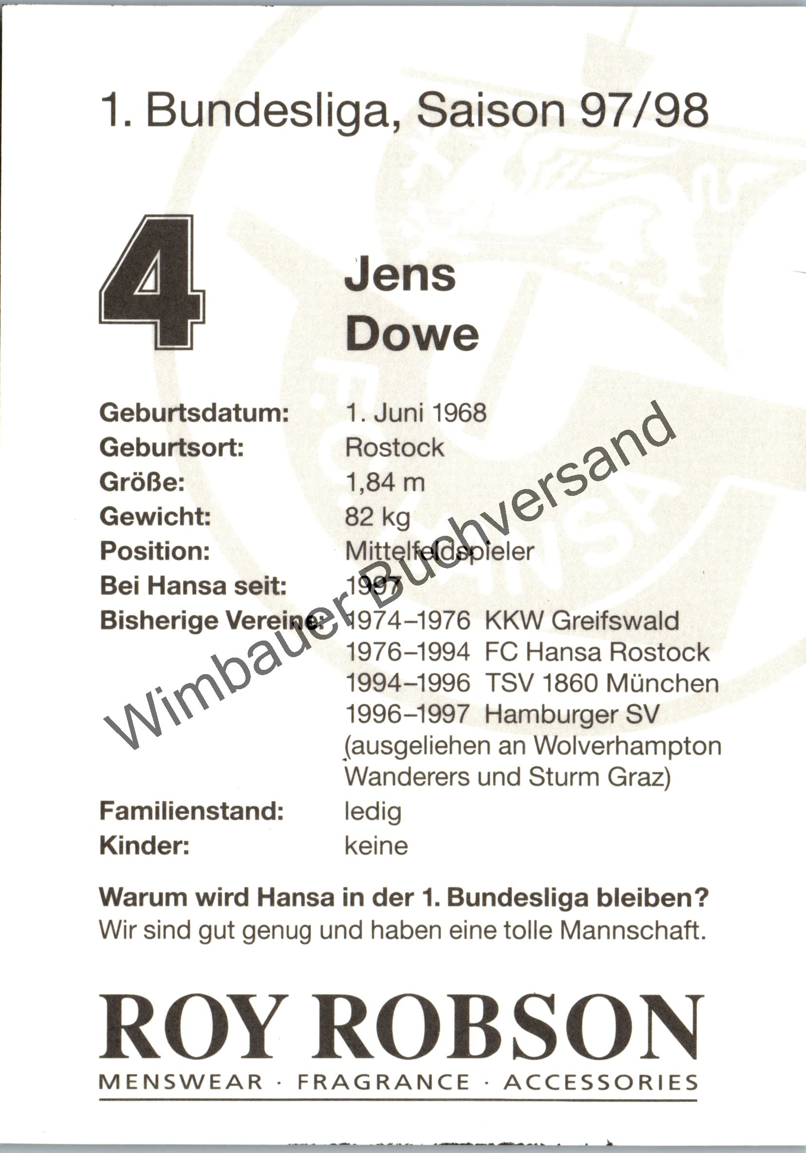 Original Autogramm Jens Dowe Hansa Rostock /// Autograph signiert ...