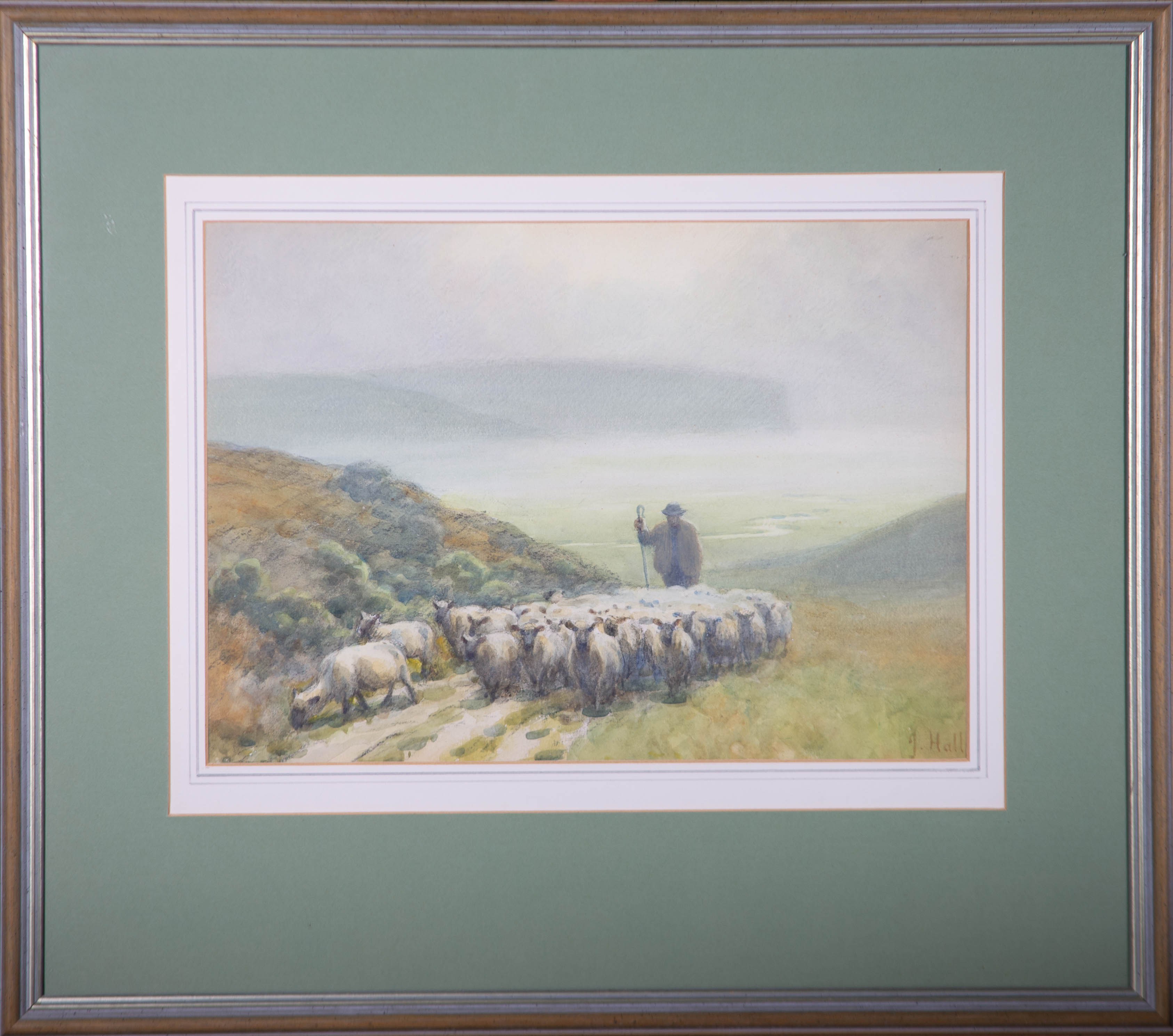 J. Hall - Early 20th Century Watercolour, Shepherd and Flock by J. Hall ...