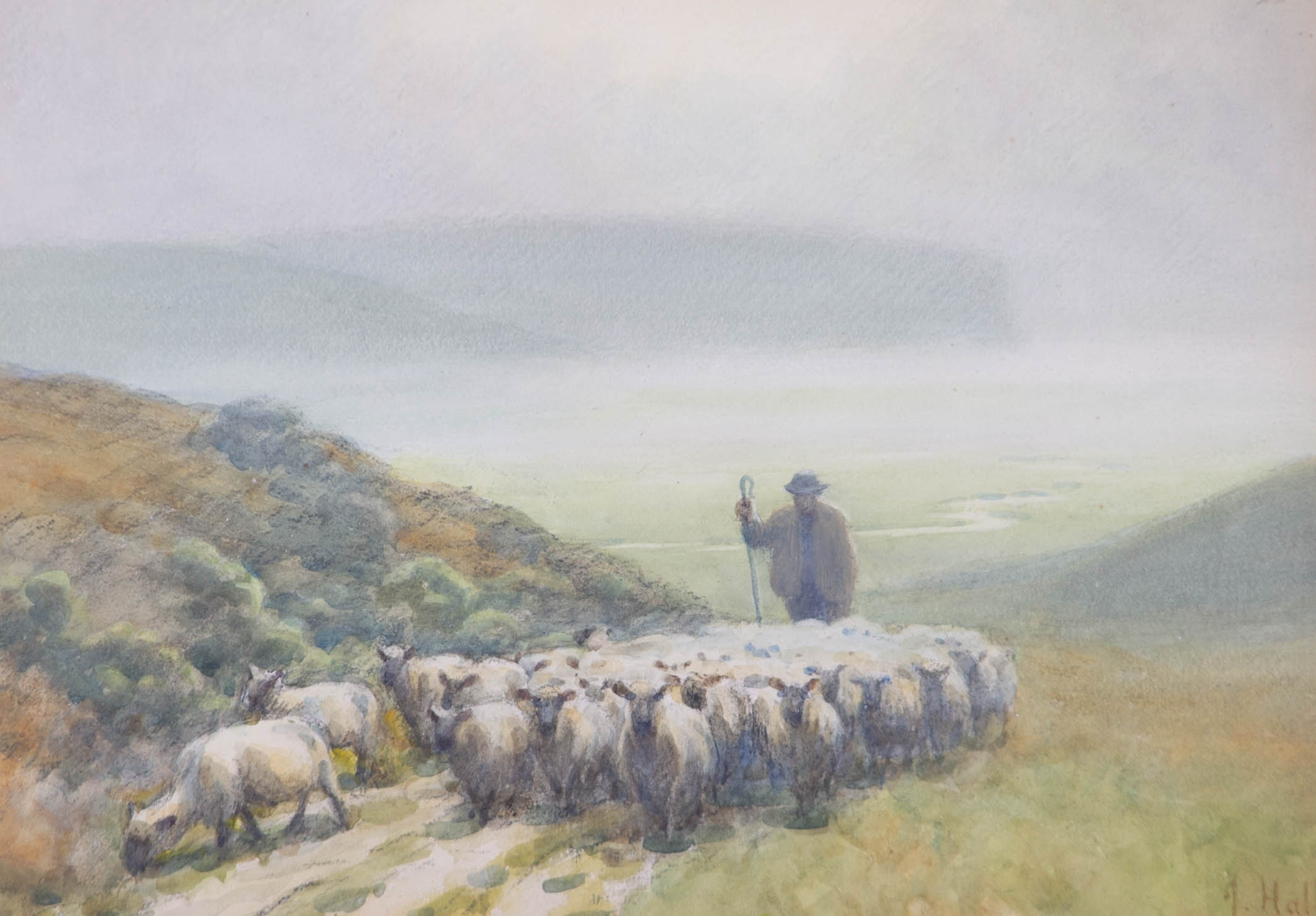 J. Hall - Early 20th Century Watercolour, Shepherd and Flock von J ...