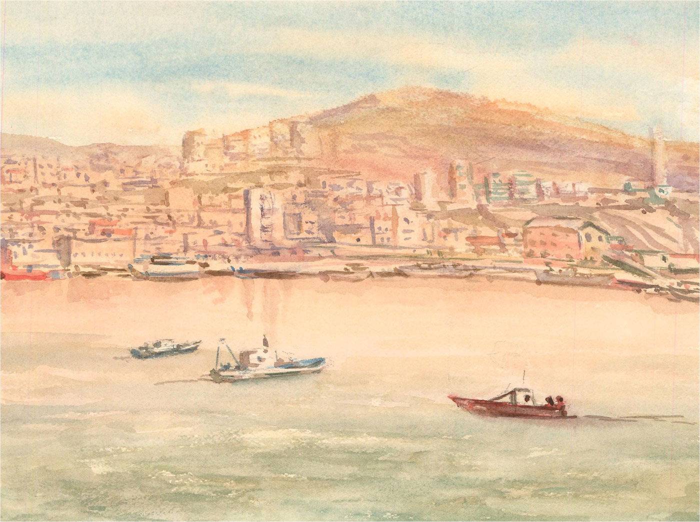 Sylvia E. Churchward-Wade - Contemporary Watercolour, Coastal Town with ...