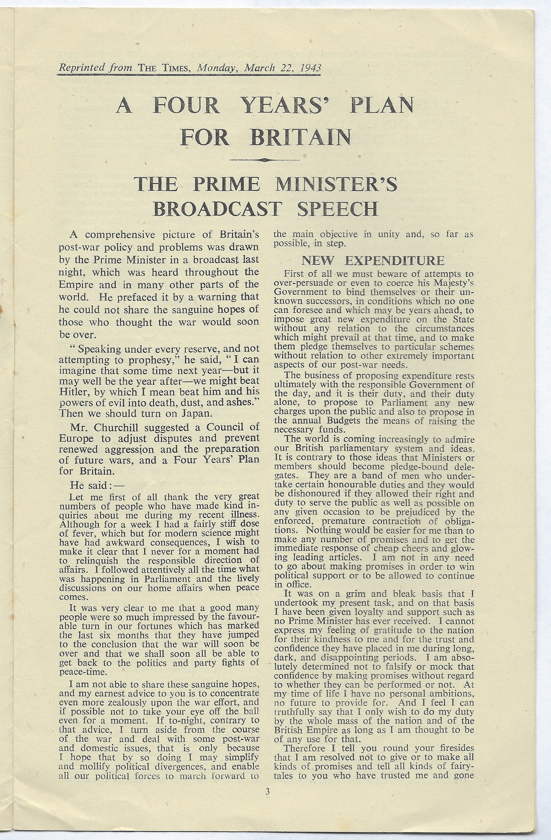 A Four Years' Plan for Britain, Broadcast of 21 March 1943 by Winston S ...