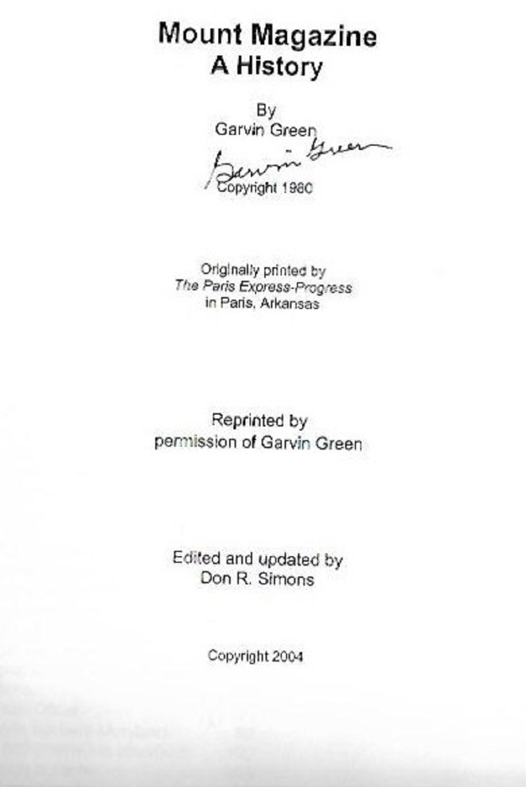 Mount Magazine A History by Green, Garvin and Don R. Simons: VG+ Soft ...