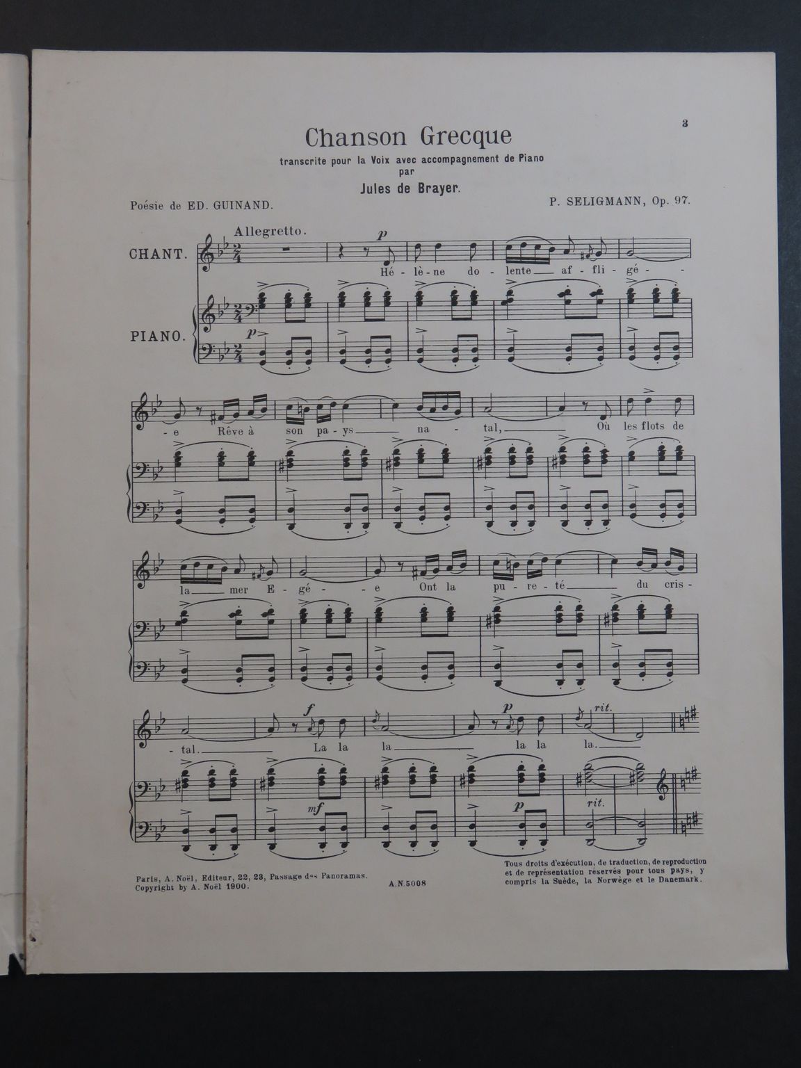 SELIGMANN P. Chanson Grecque op 97 Chant Piano 1900 by SELIGMANN P. Chanson Grecque op 97 Chant ...