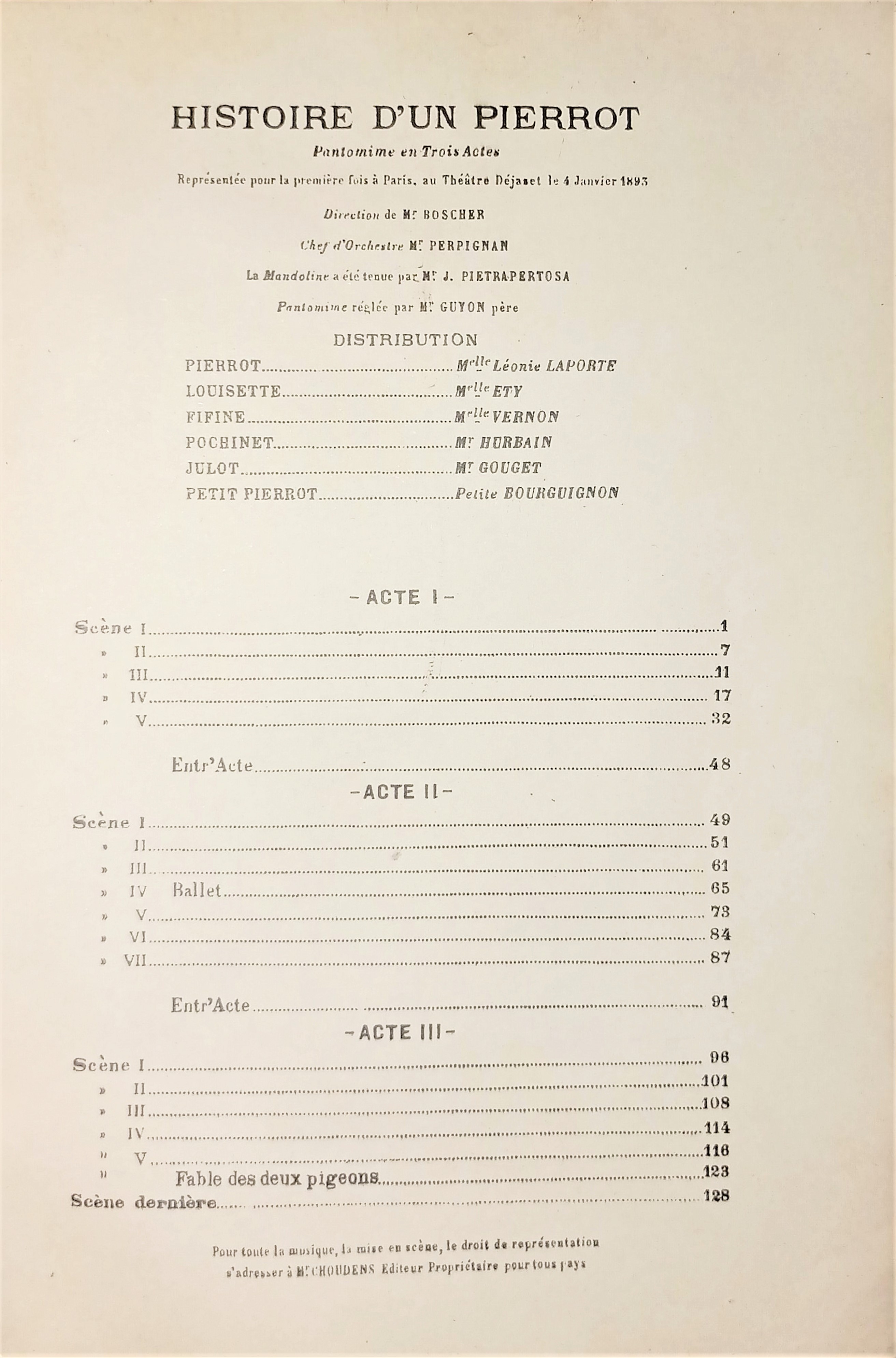 Spartiti - Histoire d'un Pierrot - Pantomime en trois actes - Piano di ...