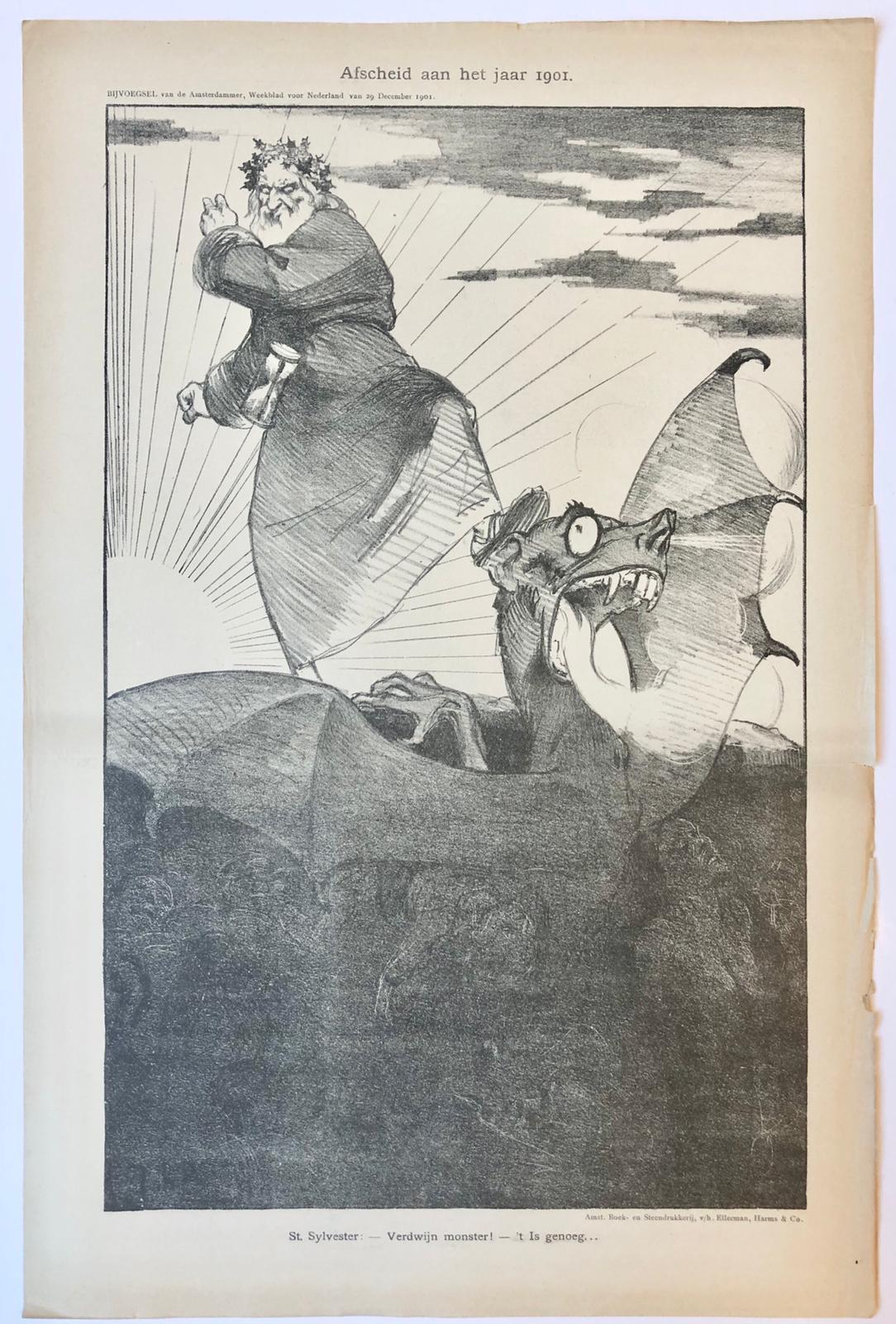 [Original lithograph/lithografie by Johan Braakensiek] Afscheid aan het ...