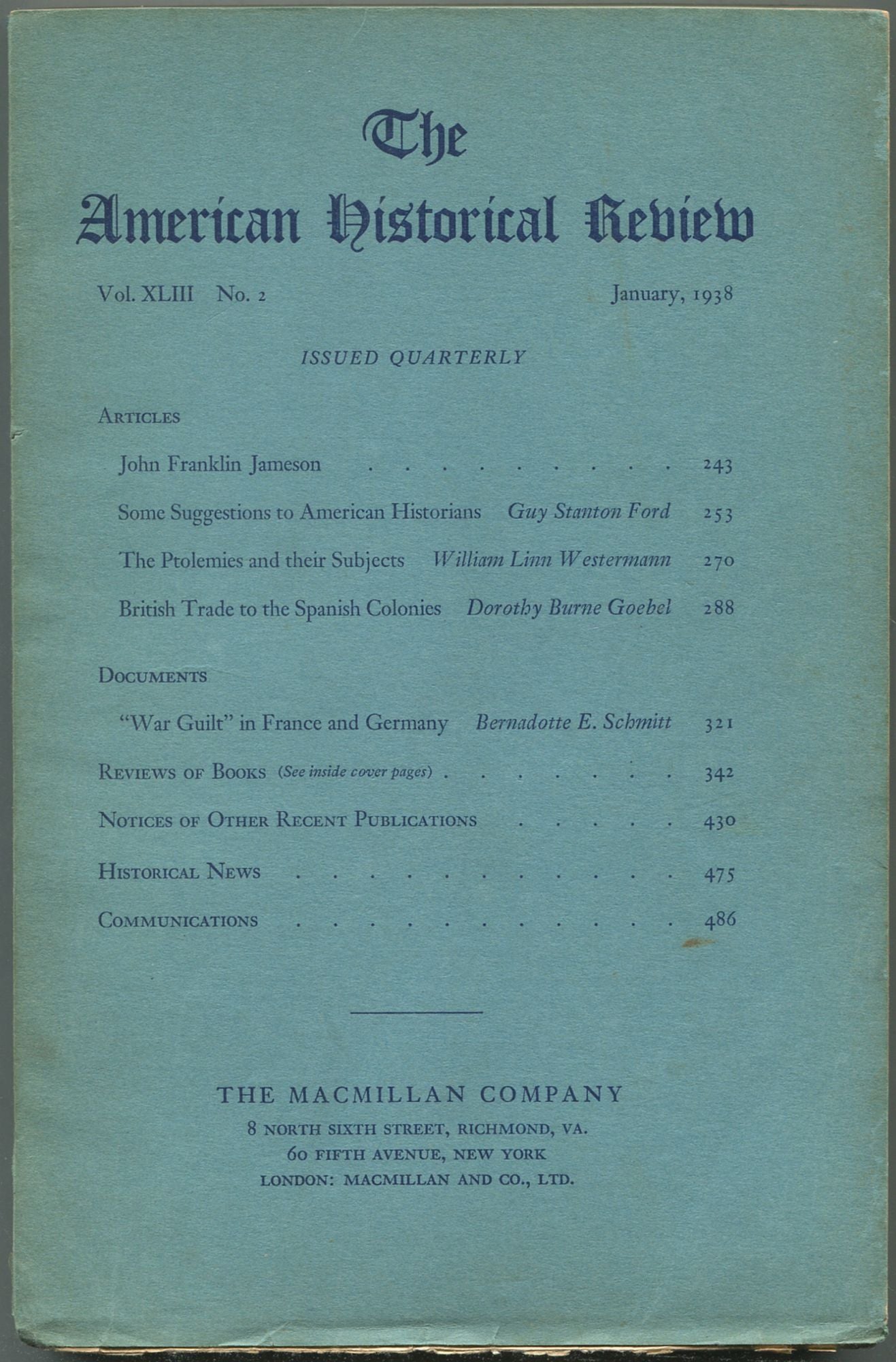 The American Historical Review: January, 1938 by WESTERMANN, William ...