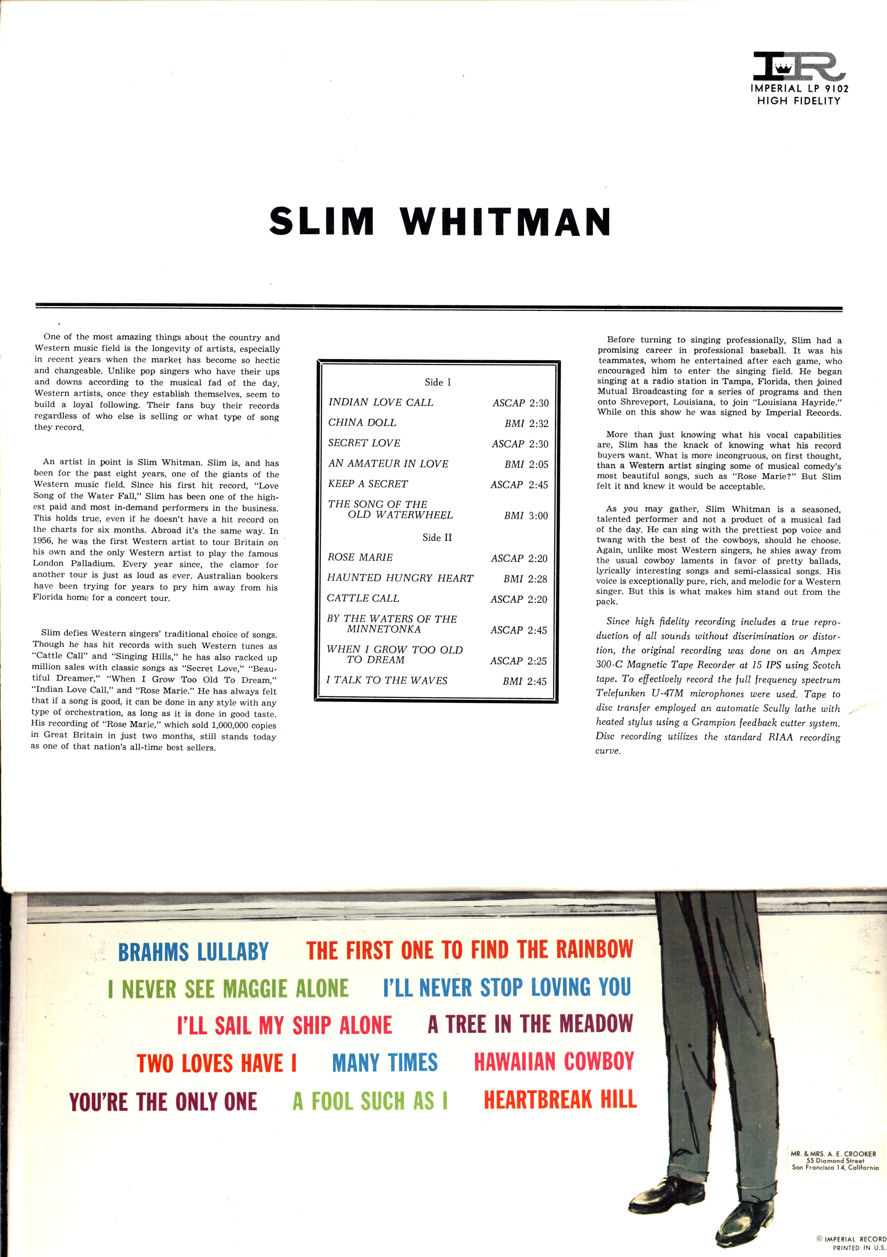 Slim Whitman Sings AND A SECOND LP, Slim Whitman Sings Million Record ...