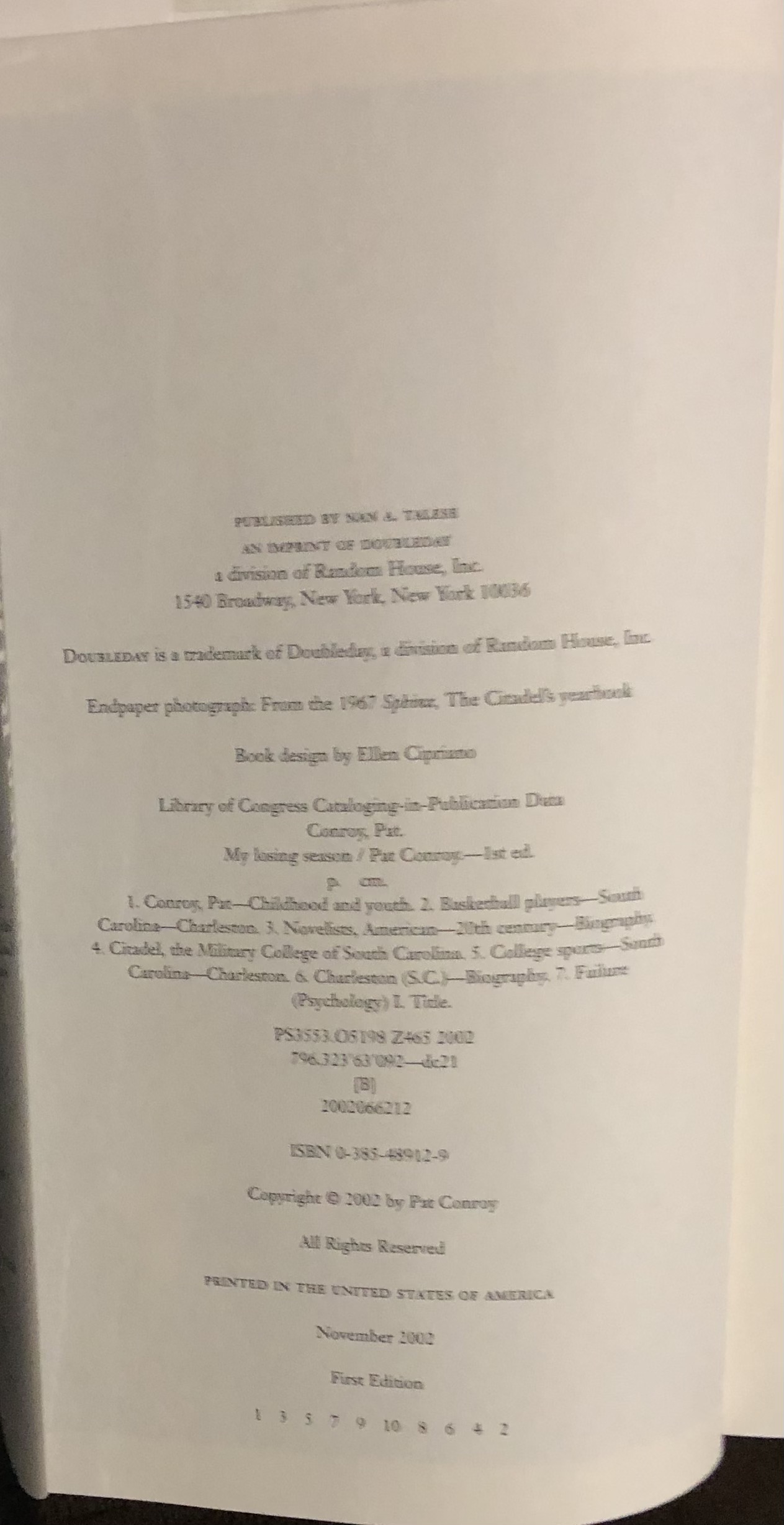 My Losing Season by Conroy, Pat: Fine Hardcover (2002) 1st Edition ...