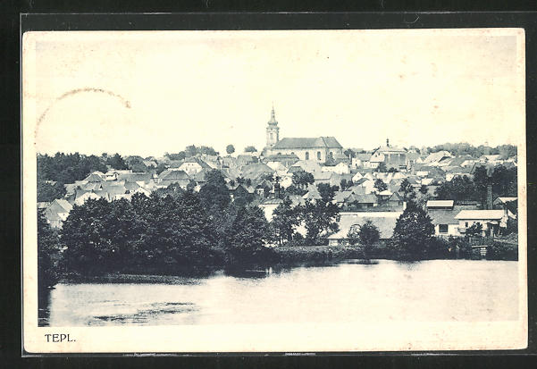 Ansichtskarte Tepl, Teilansicht mit Kirche: (1927) Manuskript ...