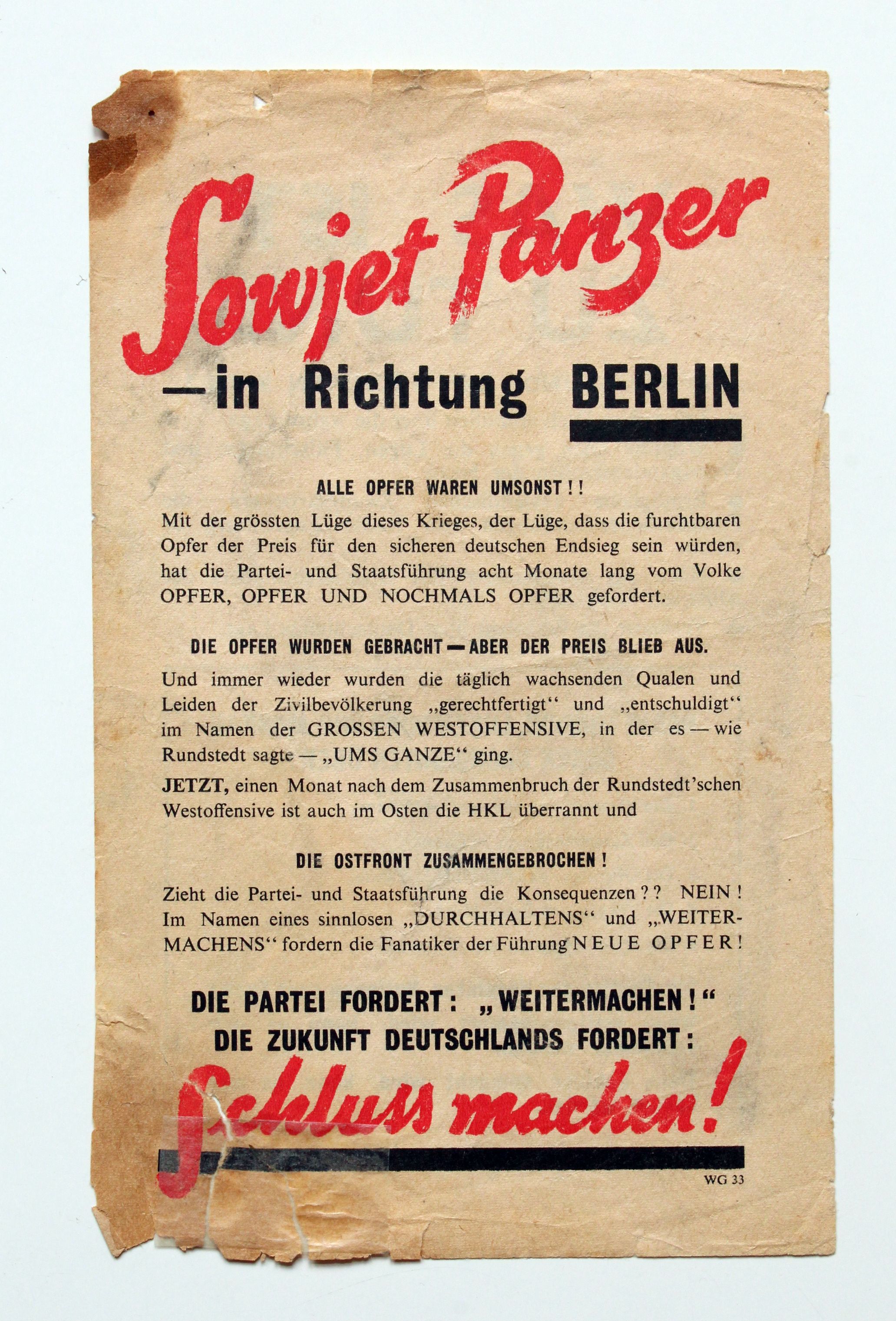 Sowjet Panzer in Richtung Berlin - Was ist zu tun? Flugblatt WG33 1945 ...