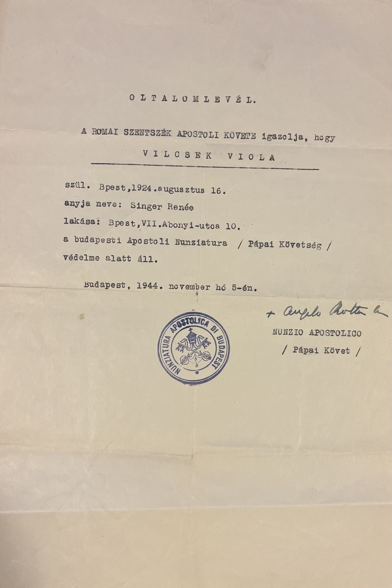 Letter Of Protection ("Oltalomlevel") Issued To A Hungarian Jew and ...