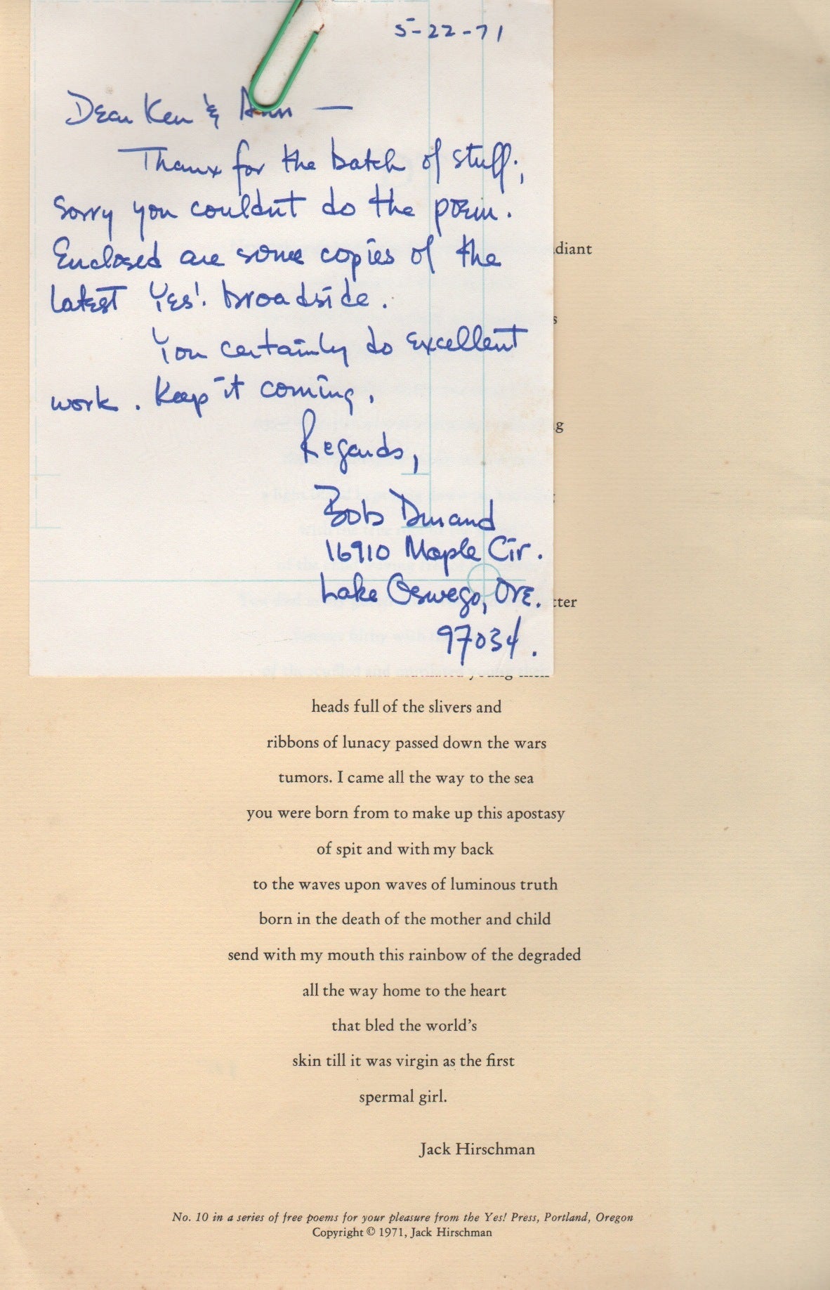 DT [Broadside With Attached ALS from Printer] by HIRSCHMAN, Jack ...