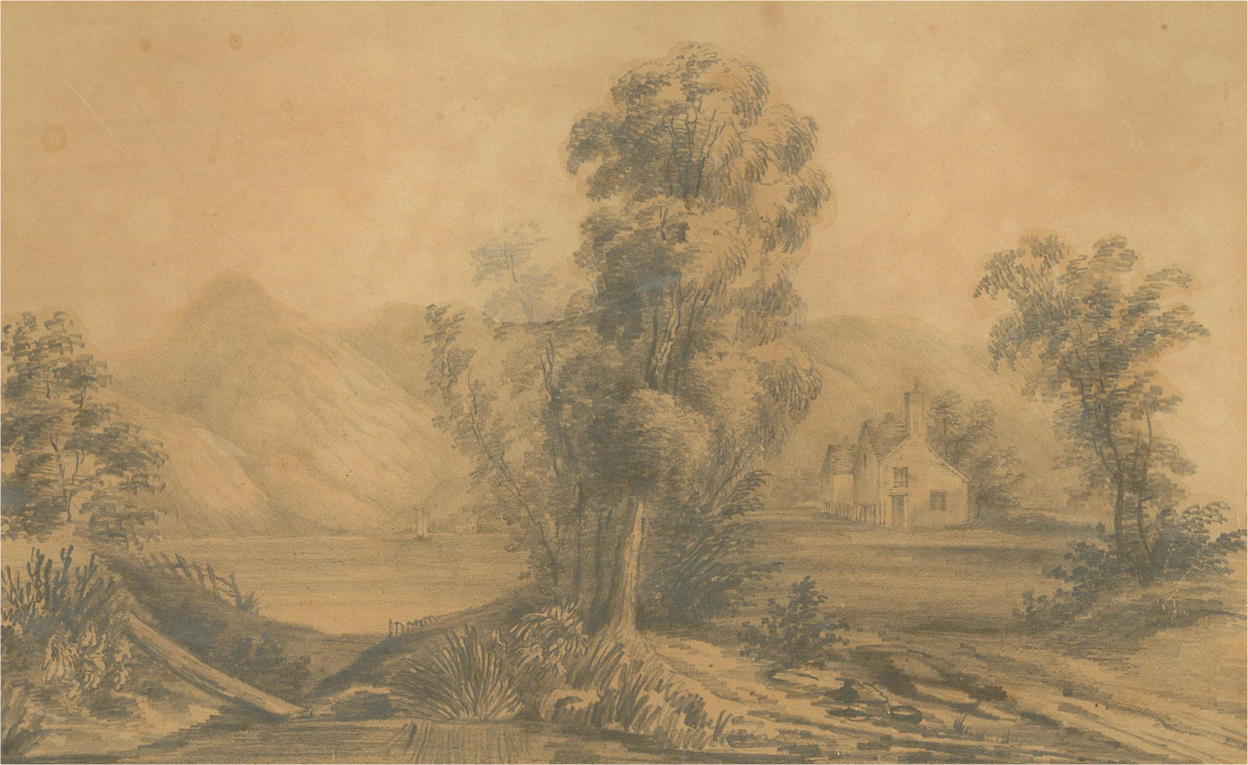 Early 19th Century Graphite Drawing - Lake in the Mountains: Kunst ...