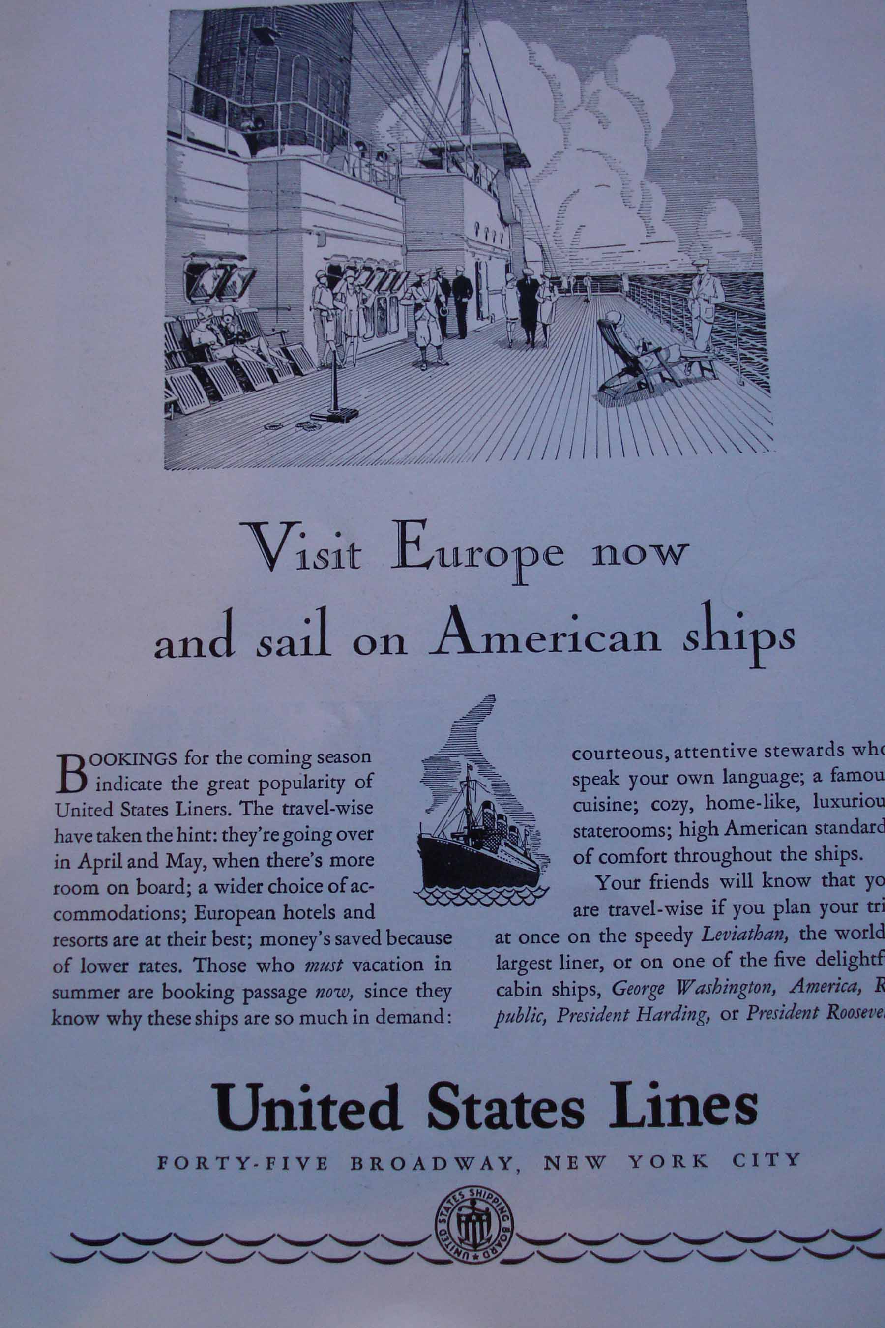 Ad for United States Lines Visit Europe Now and Sail on American Ships ...