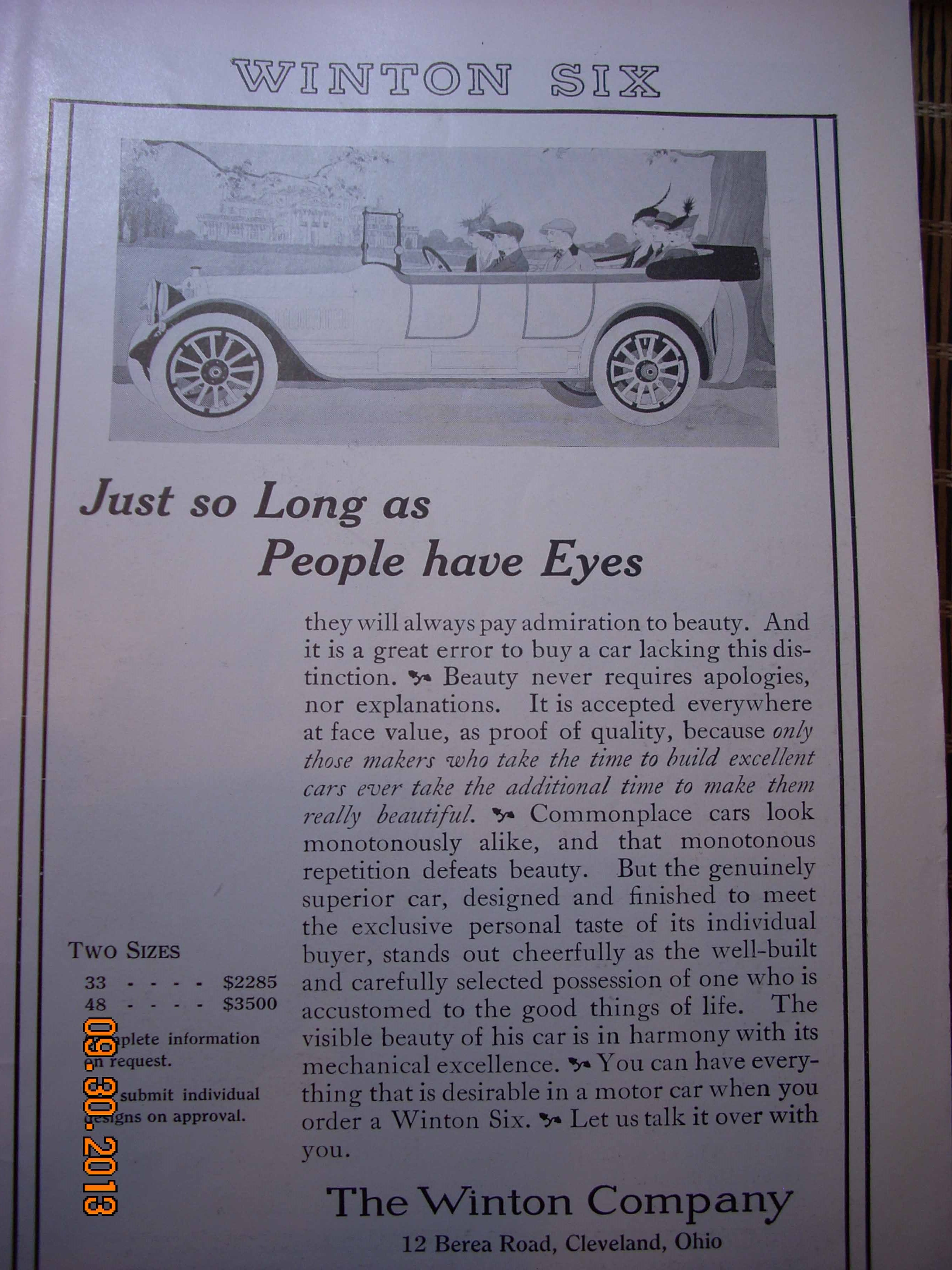 Ad for Winton Six Automobiles "Just so Long As People Have Eyes" by ...