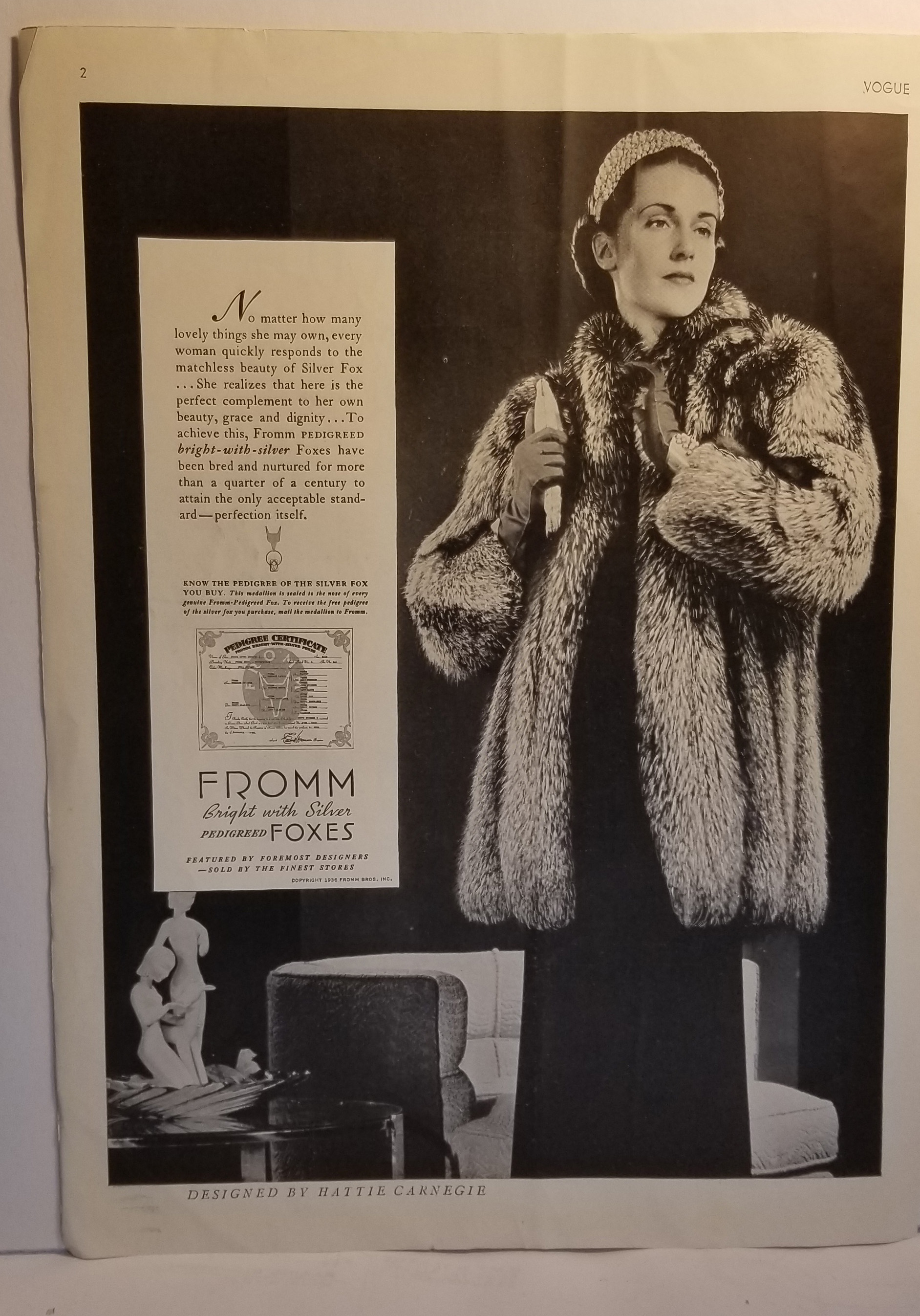 Advertisement: Fromm Pedigreed Foxes - Fur Coats Designed by Hattie ...
