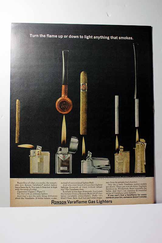 Advertisement for Ronson Varaflame Gas Lighters "Turn the Flame Up or ...