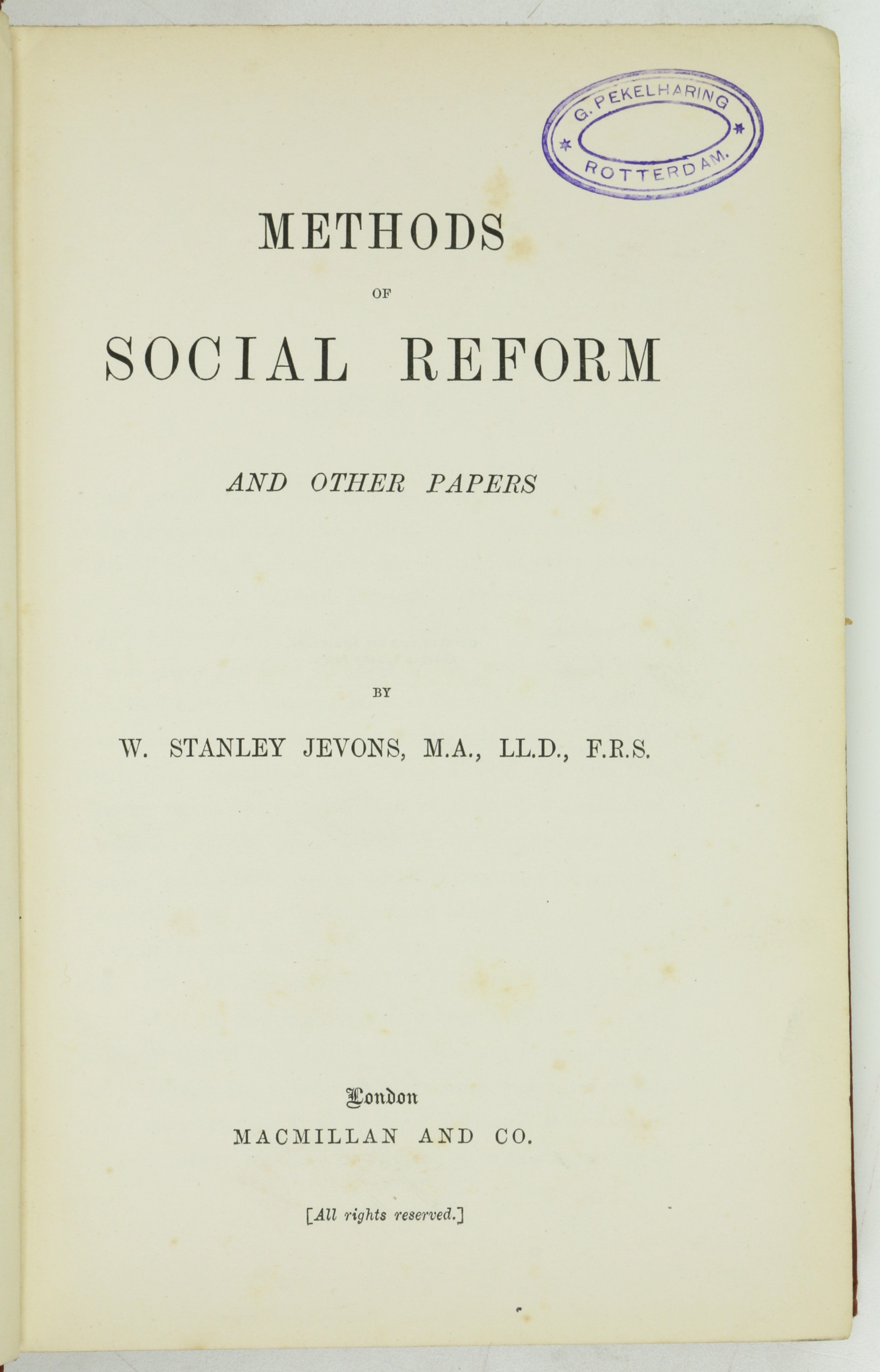 Methods of Social Reform and other papers. by Jevons, W[illiam] Stanley ...