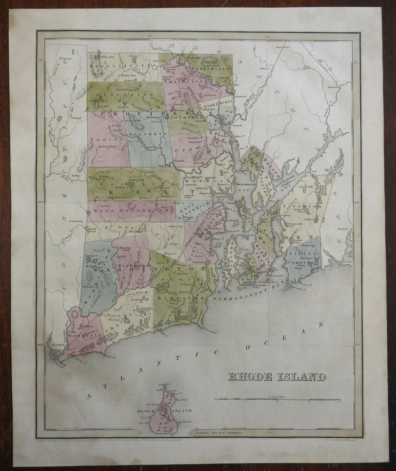 Rhode Island County Map Block island 1838 Bradford Boynton early state ...