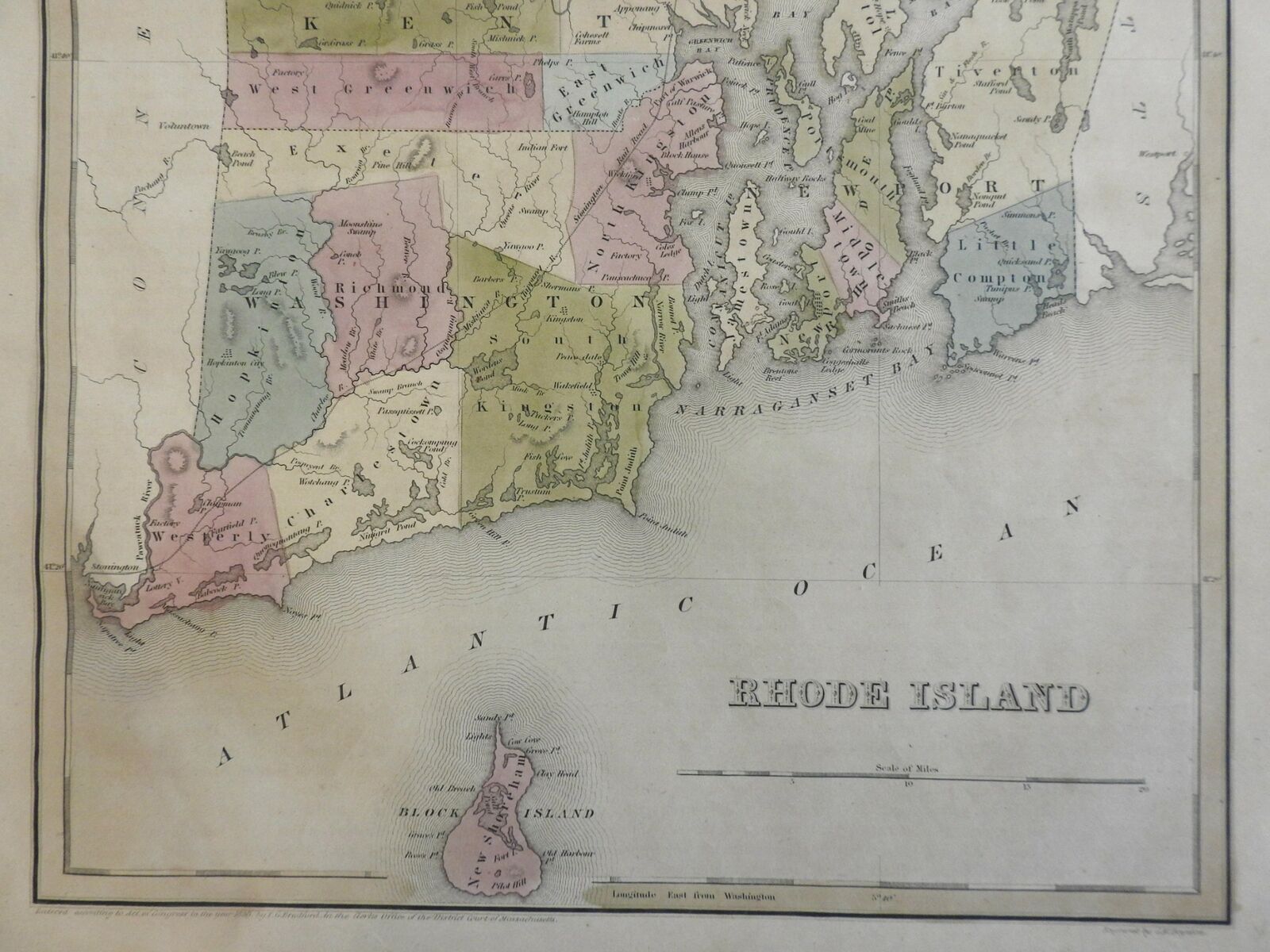 Rhode Island County Map Block island 1838 Bradford Boynton early state ...