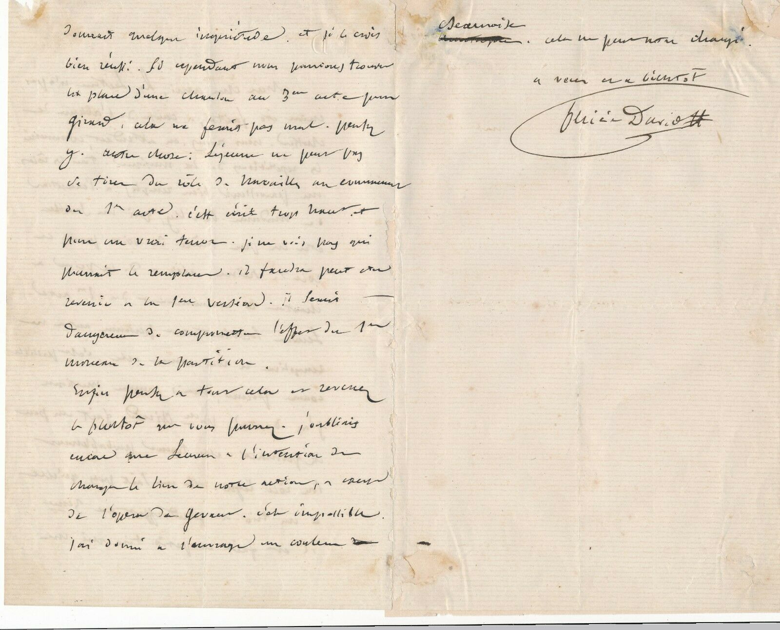 Félicien DAVID belle lettre autographe signée Le Saphir à Michel Carré ...