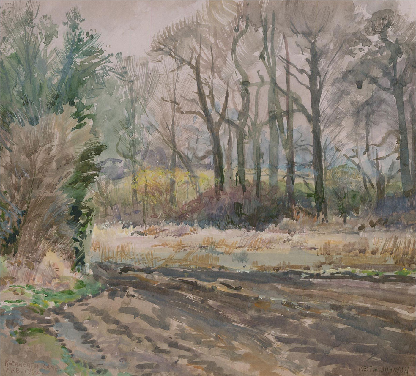 Keith Johnson (1931-2018) - 1992 Watercolour, Rackheath Lane von Keith ...
