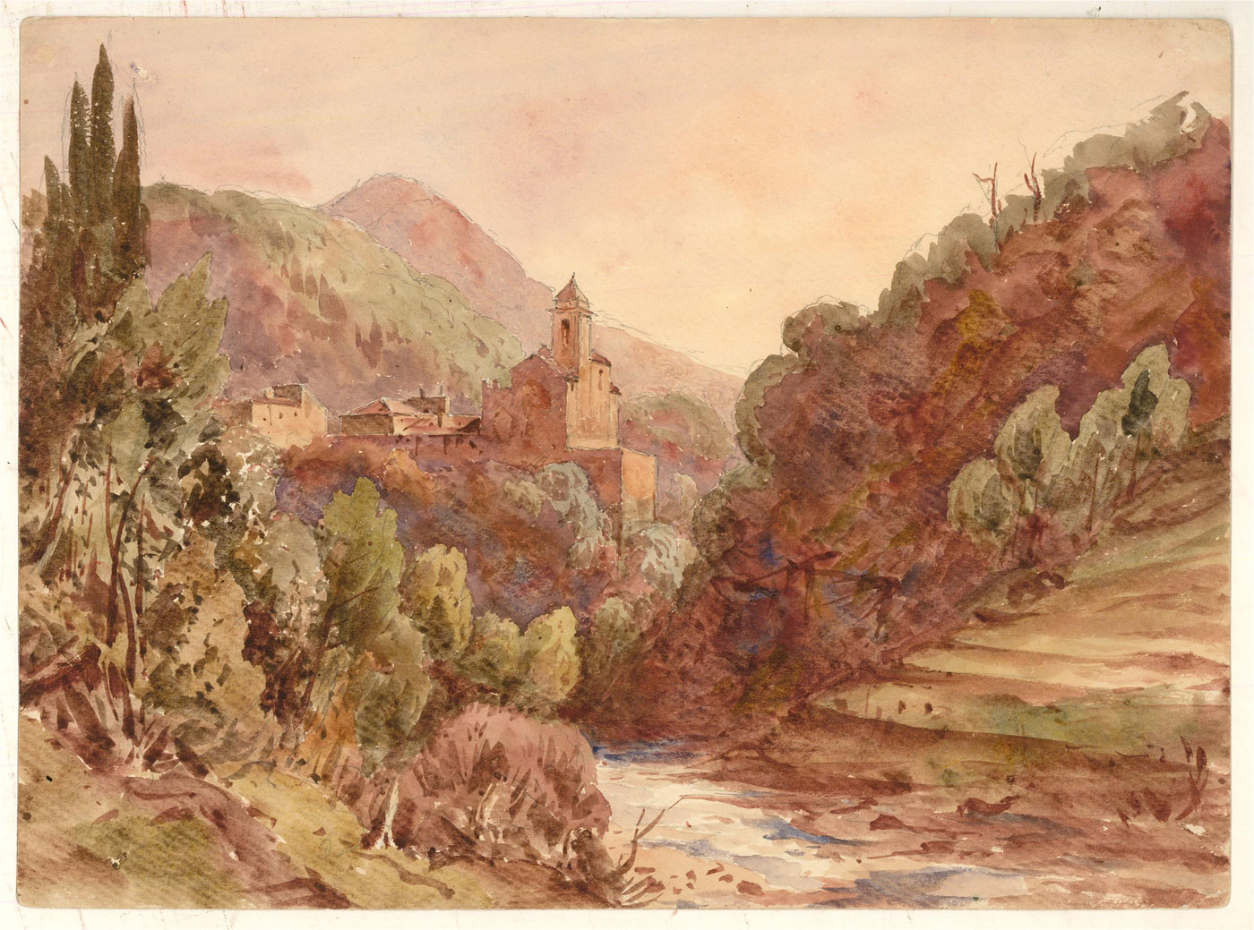 S. Andre - 1861 Watercolour, Italian Mountain Commune by S. Andre ...