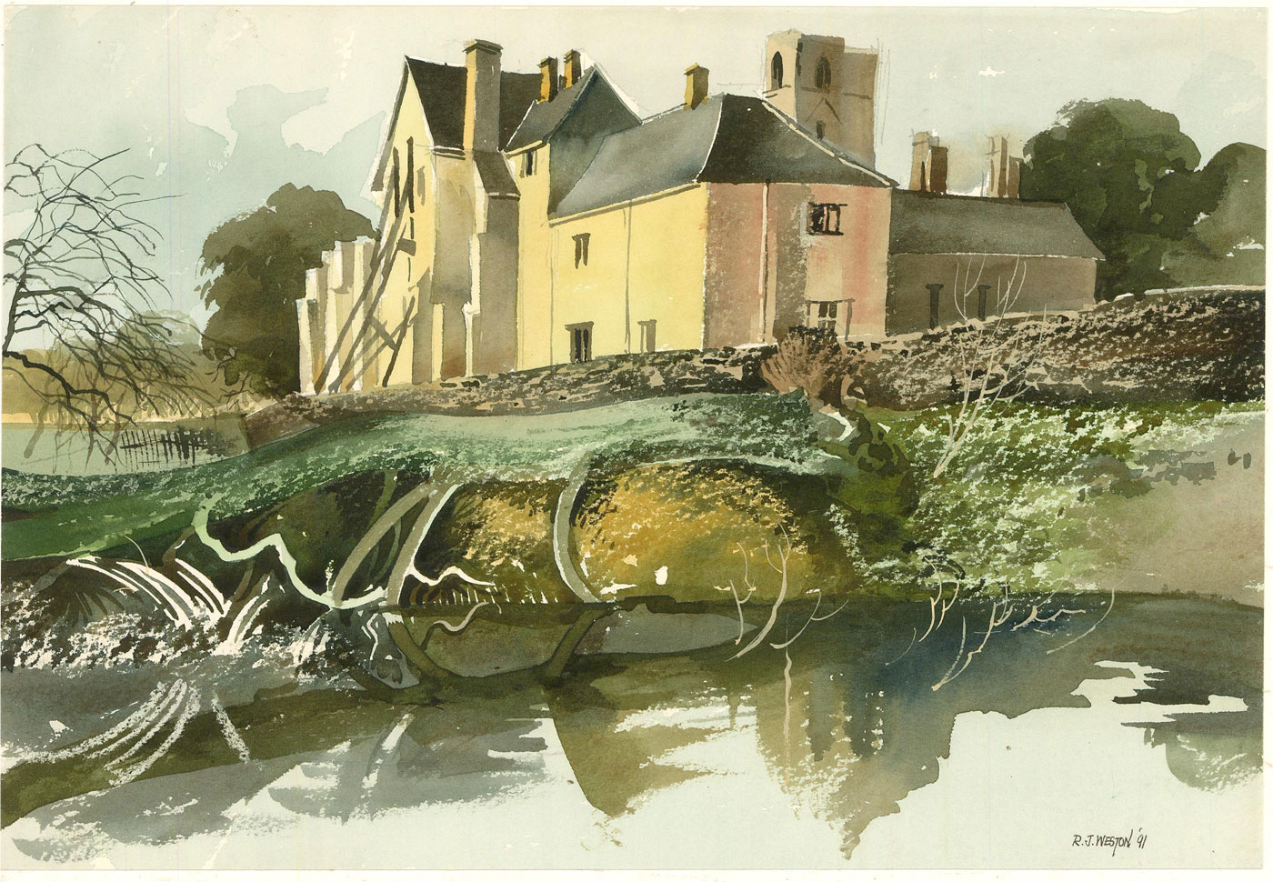 Ray J. Weston - 1991 Watercolour, Manor by the River by Ray J. Weston ...