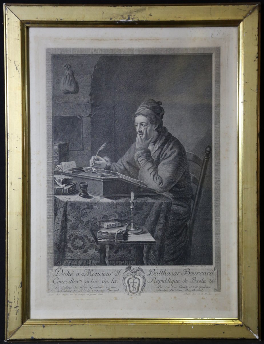 Gelehrtenstube. Ein Gelehrter sitzt an einem Schreibpult im Mantel und ...